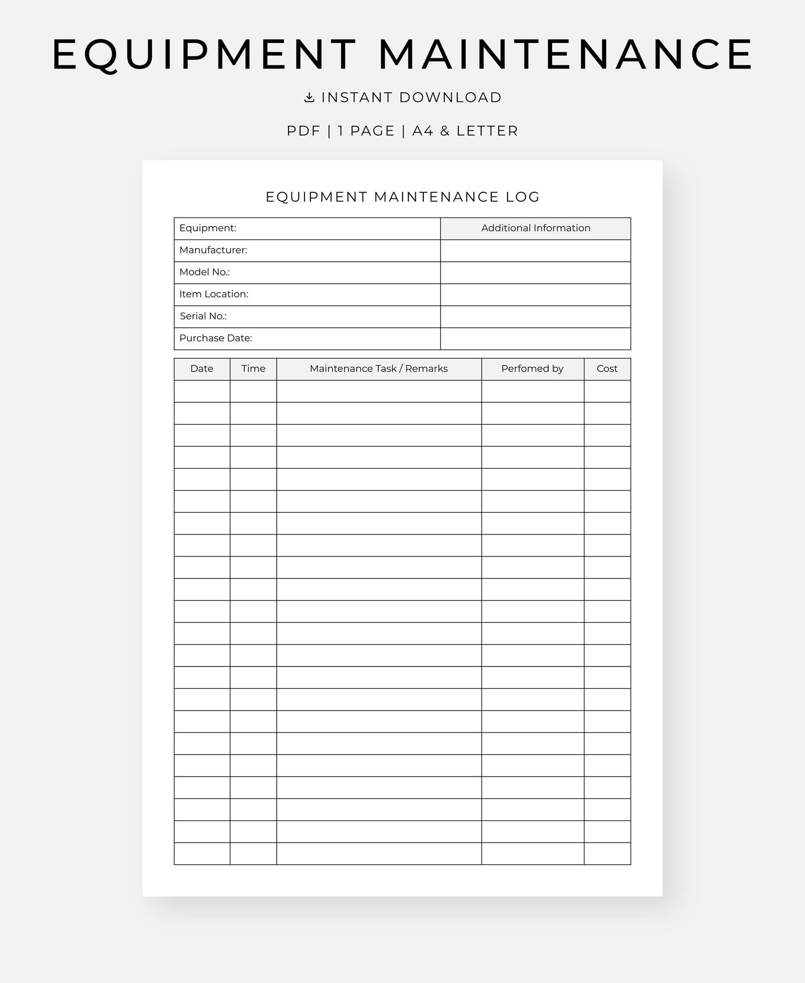 Printable Equipment Maintenance Log, Repairs and Service (PDF, A4 and ...