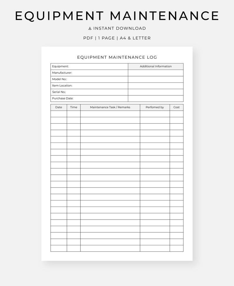 Printable Equipment Maintenance Log, Repairs and Service (PDF, A4 and ...