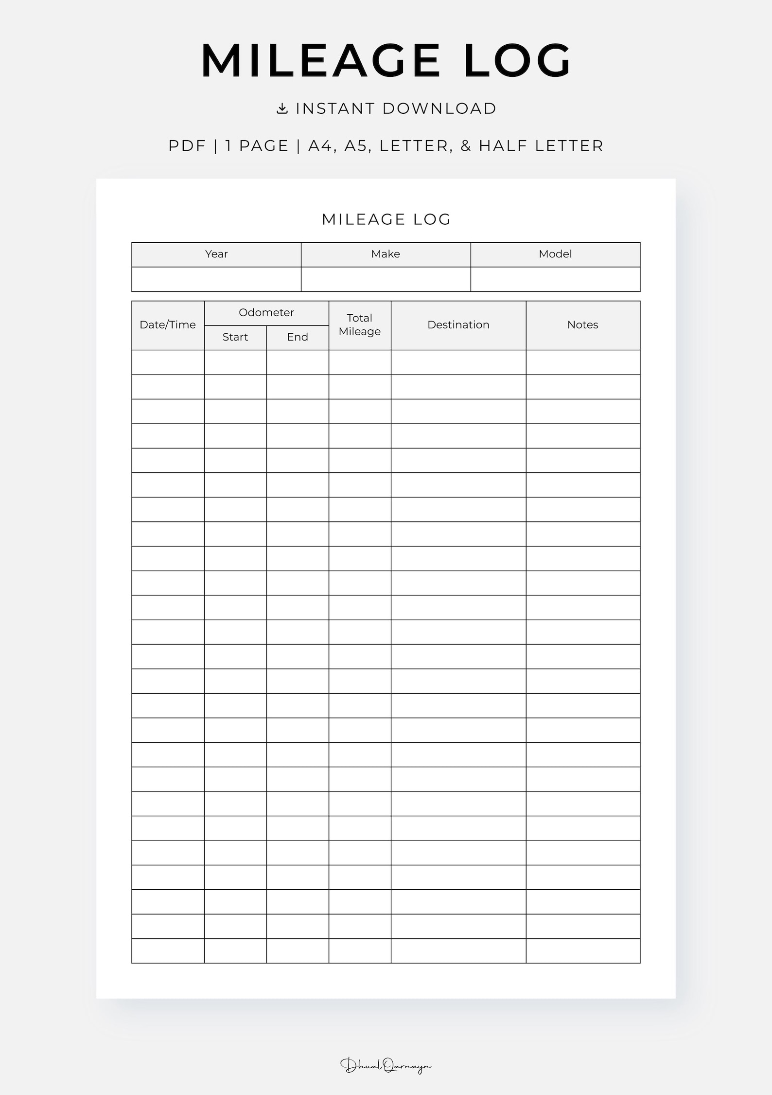 Mileage Log Printable PDF, Vehicle Mileage Tracker for Small Business ...