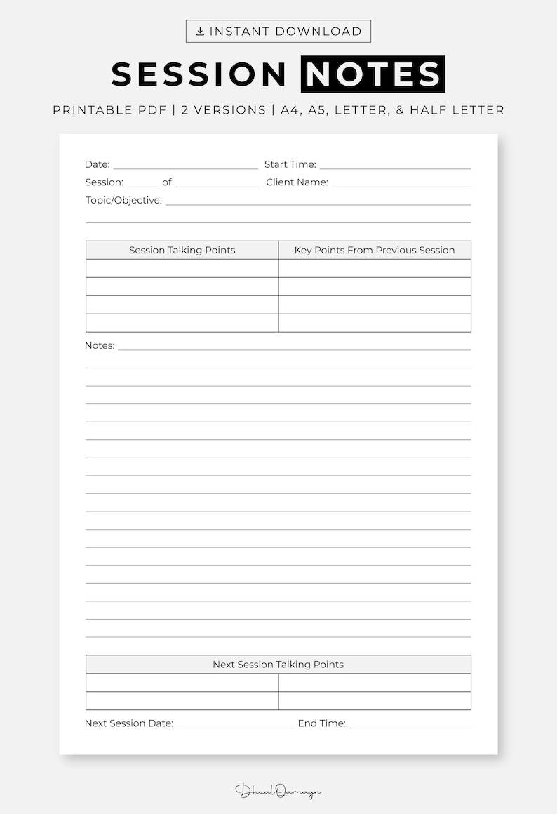 Session Notes Printable PDF, for Therapists, Counselors, & Coaches, A4 ...