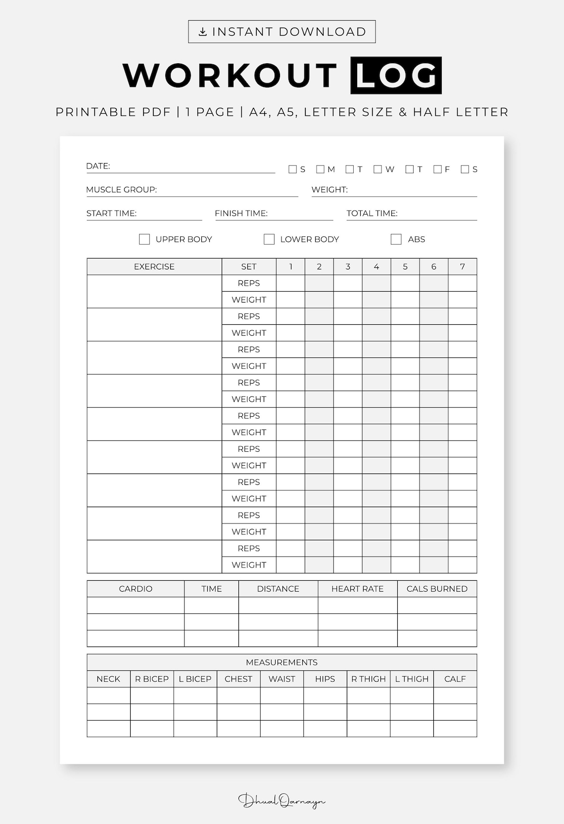 Workout Log Printable, Exercise Planner, Fitness Log, Workout Tracker ...