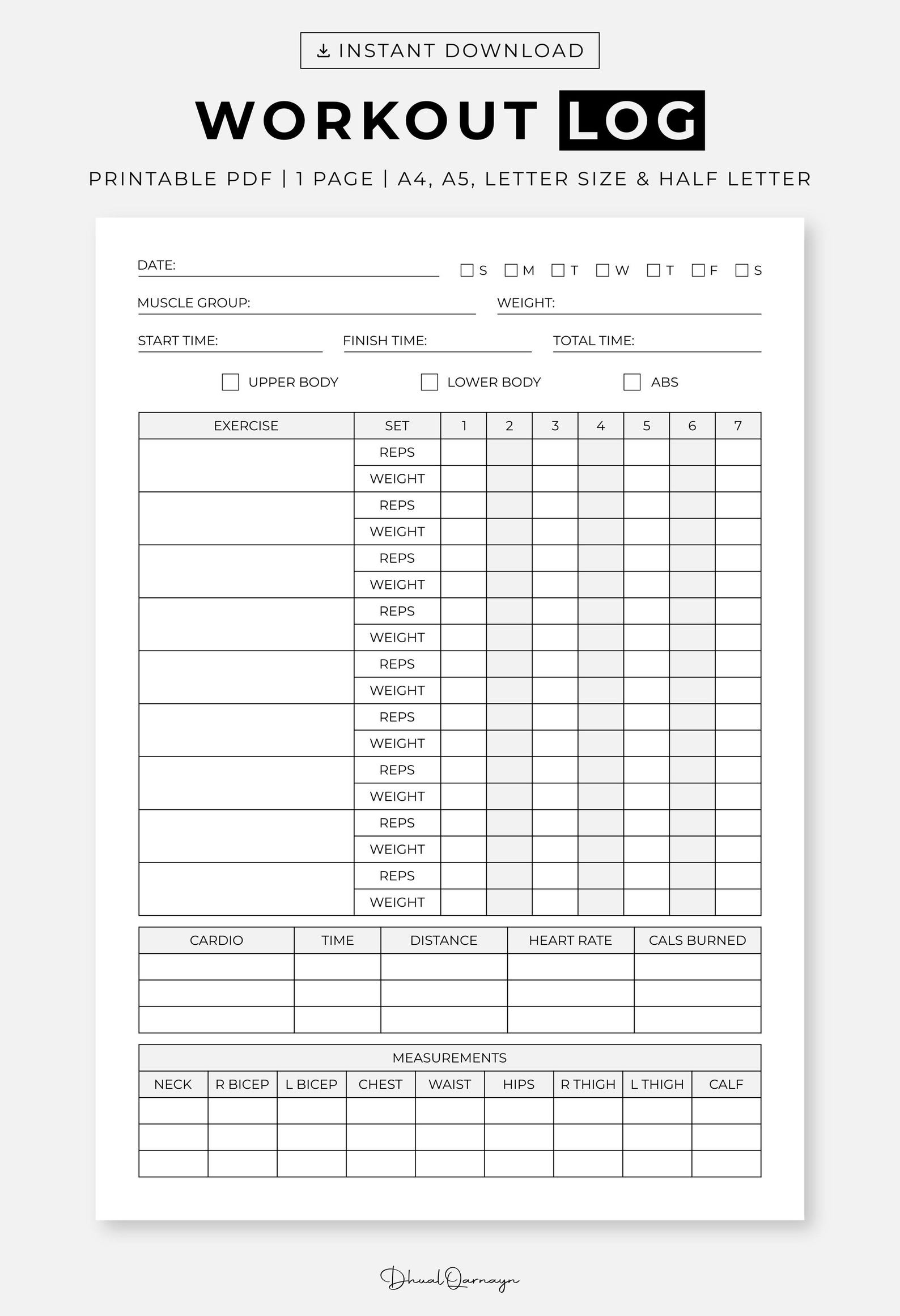 Workout Log Printable, Exercise Planner, Fitness Log, Workout Tracker ...