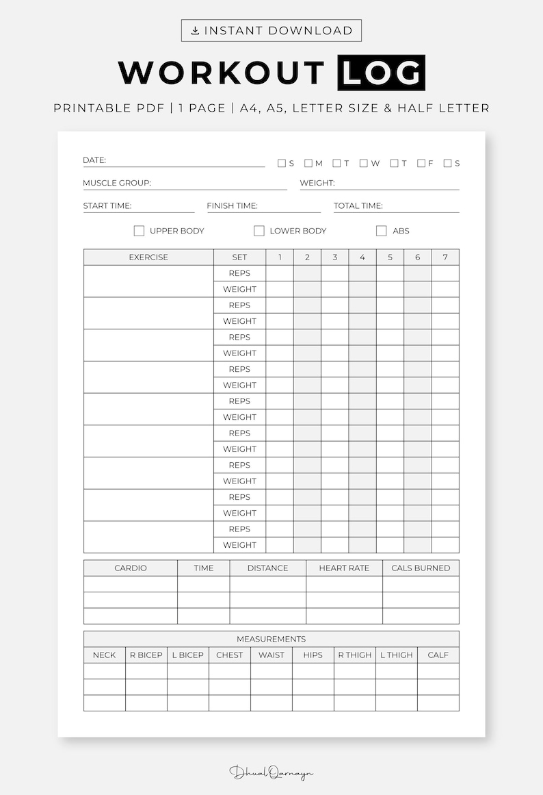 Workout Log Printable, Exercise Planner, Fitness Log, Workout Tracker ...
