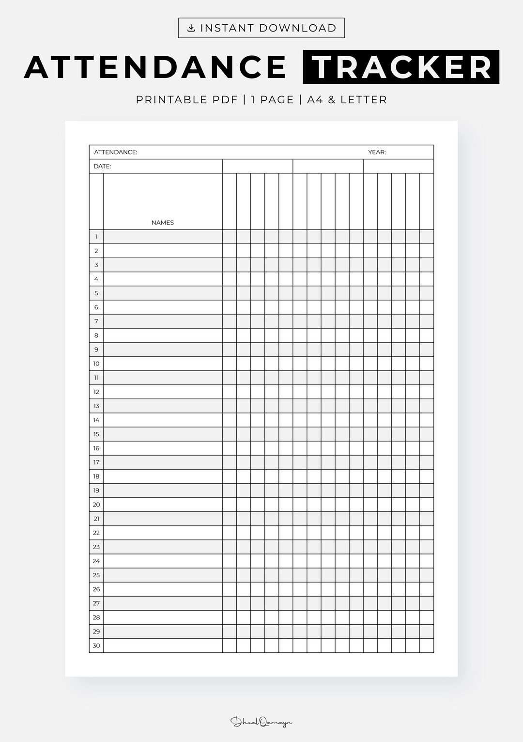Attendance Tracker Printable PDF, Attendance Tracking Chart for ...