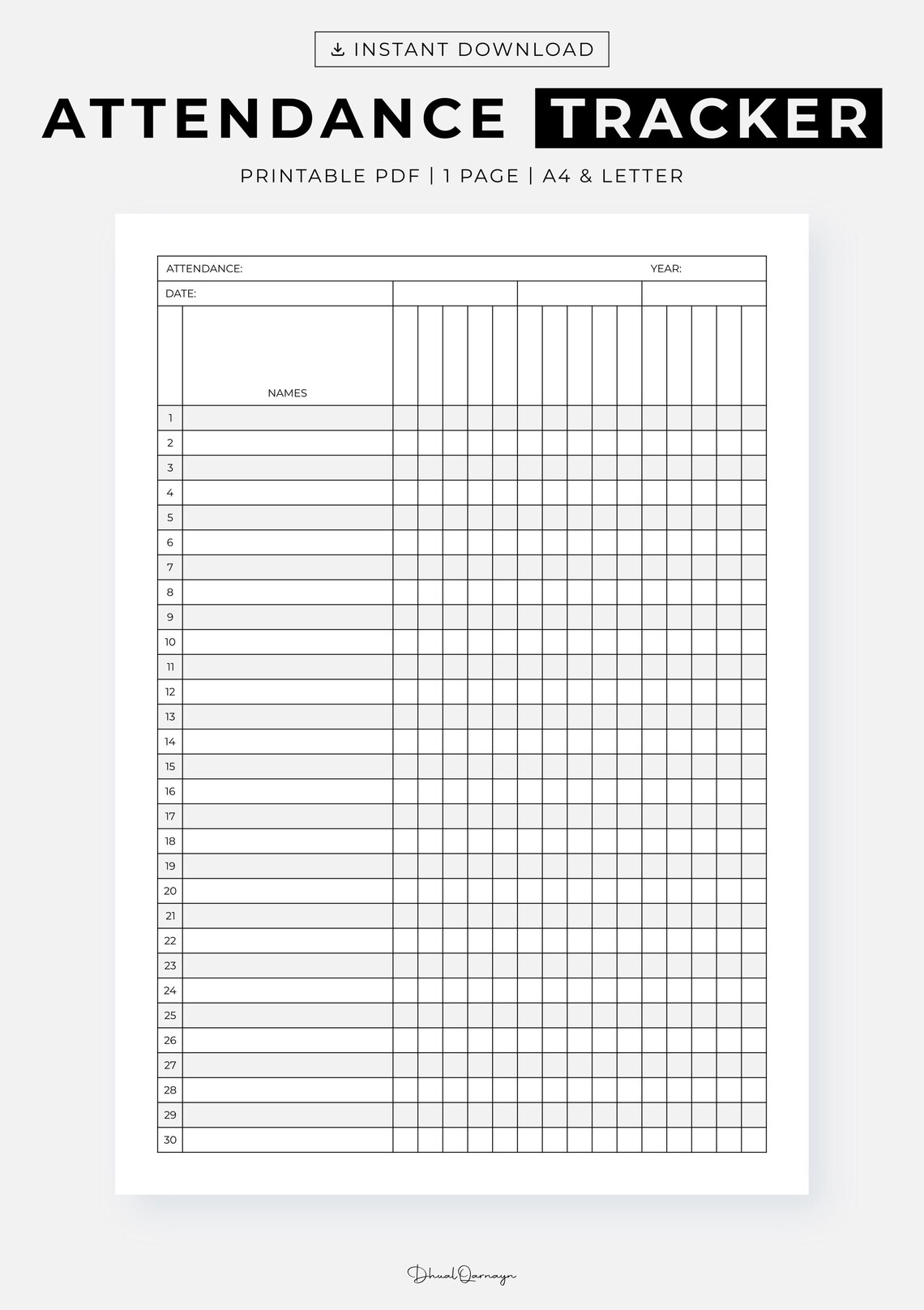 Attendance Tracker Printable PDF, Attendance Tracking Chart for ...