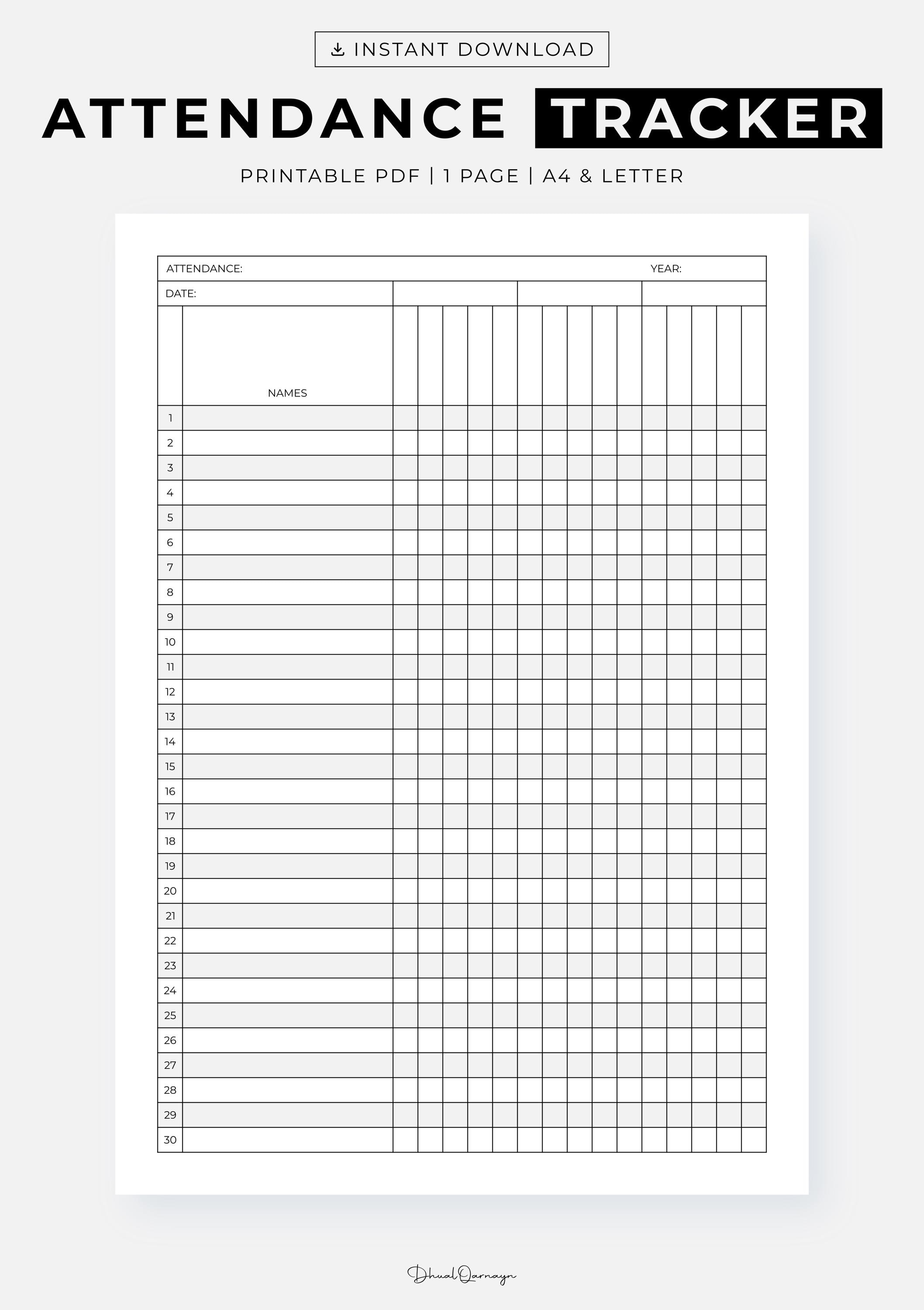 Attendance Tracker Printable PDF, Attendance Tracking Chart for ...