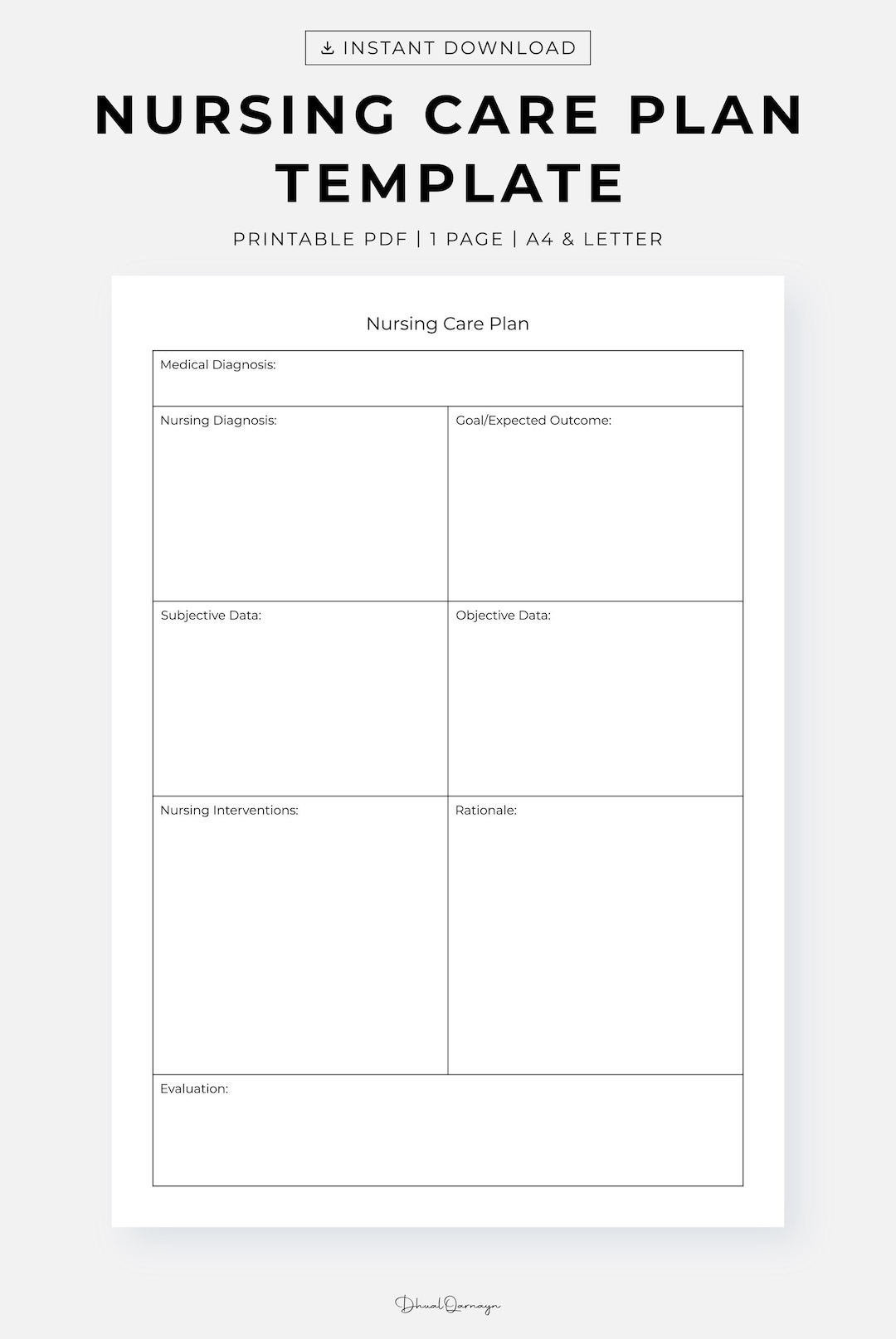Nursing Care Plan Template Printable PDF, Digital Clinical Sheet for ...