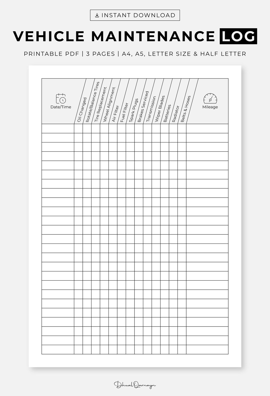 Vehicle Maintenance Log, Car Service Tracker, Auto Repair Record ...