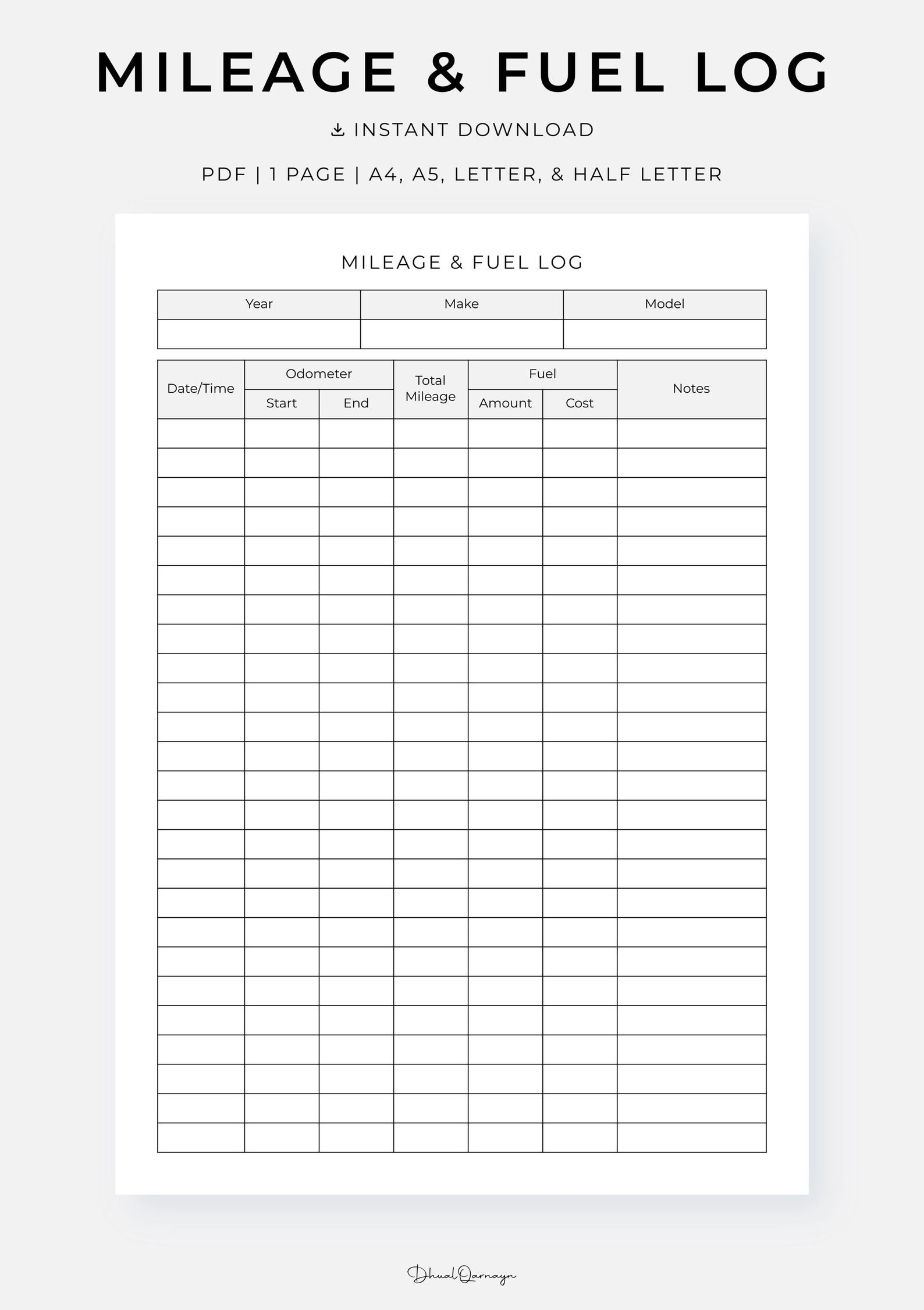 Mileage & Fuel Log, Printable Vehicle Mileage and Fuel Expenses ...