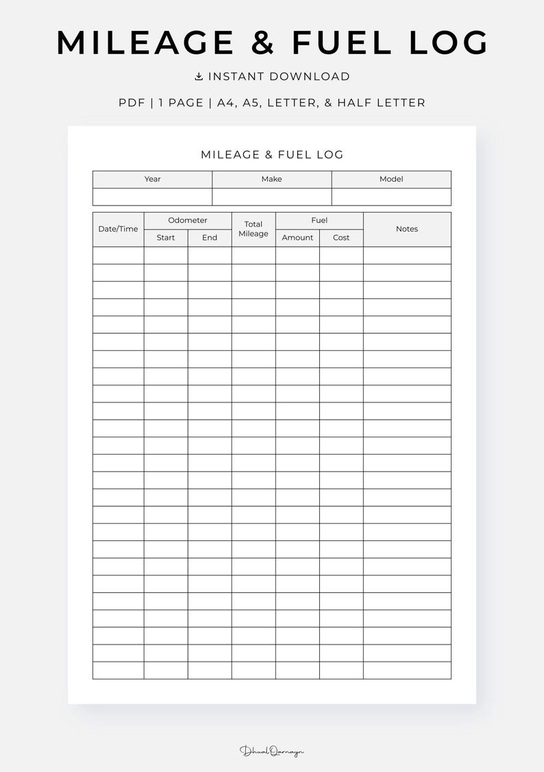 Mileage & Fuel Log, Printable Vehicle Mileage and Fuel Expenses ...