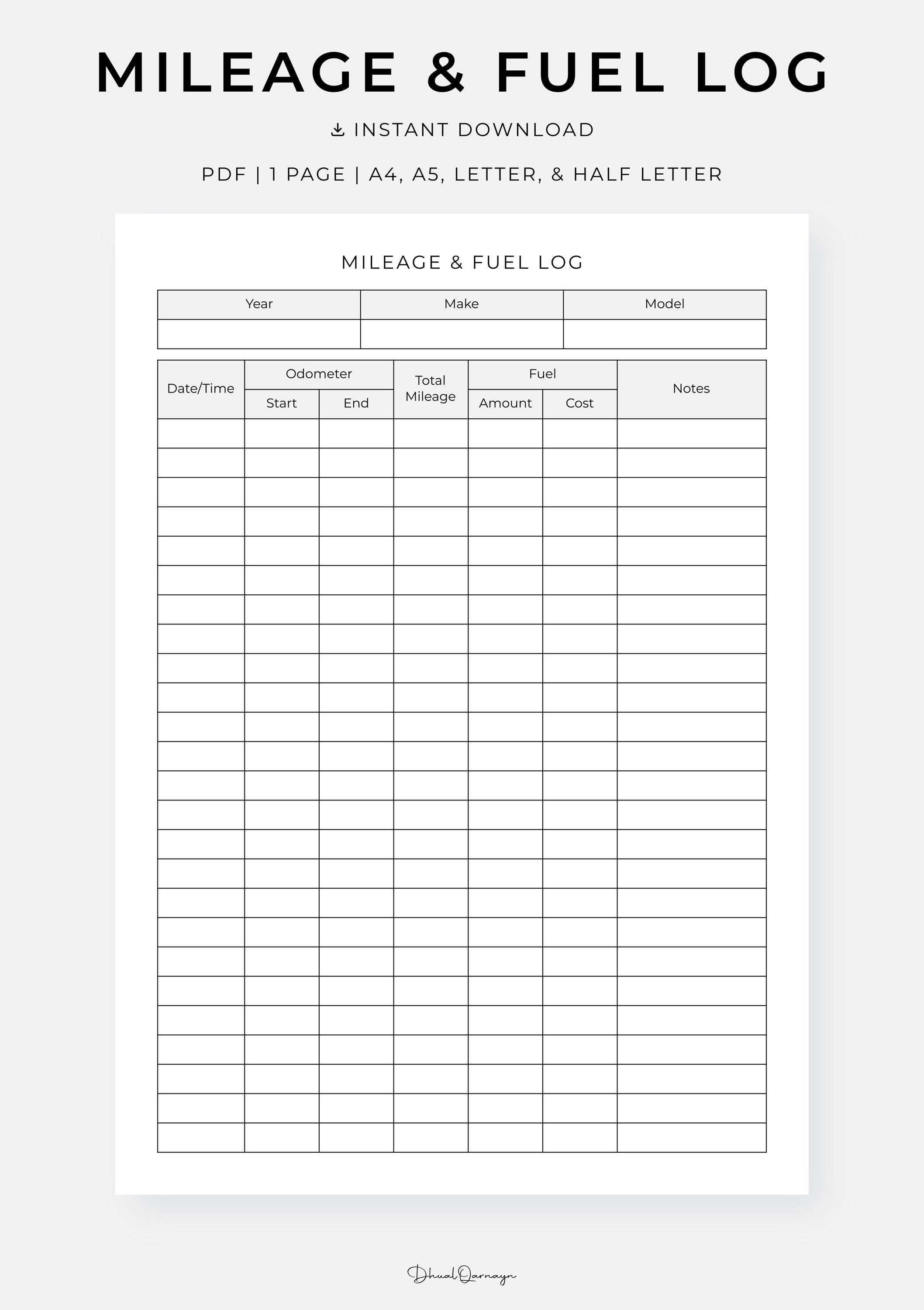 Mileage & Fuel Log, Printable Vehicle Mileage and Fuel Expenses ...