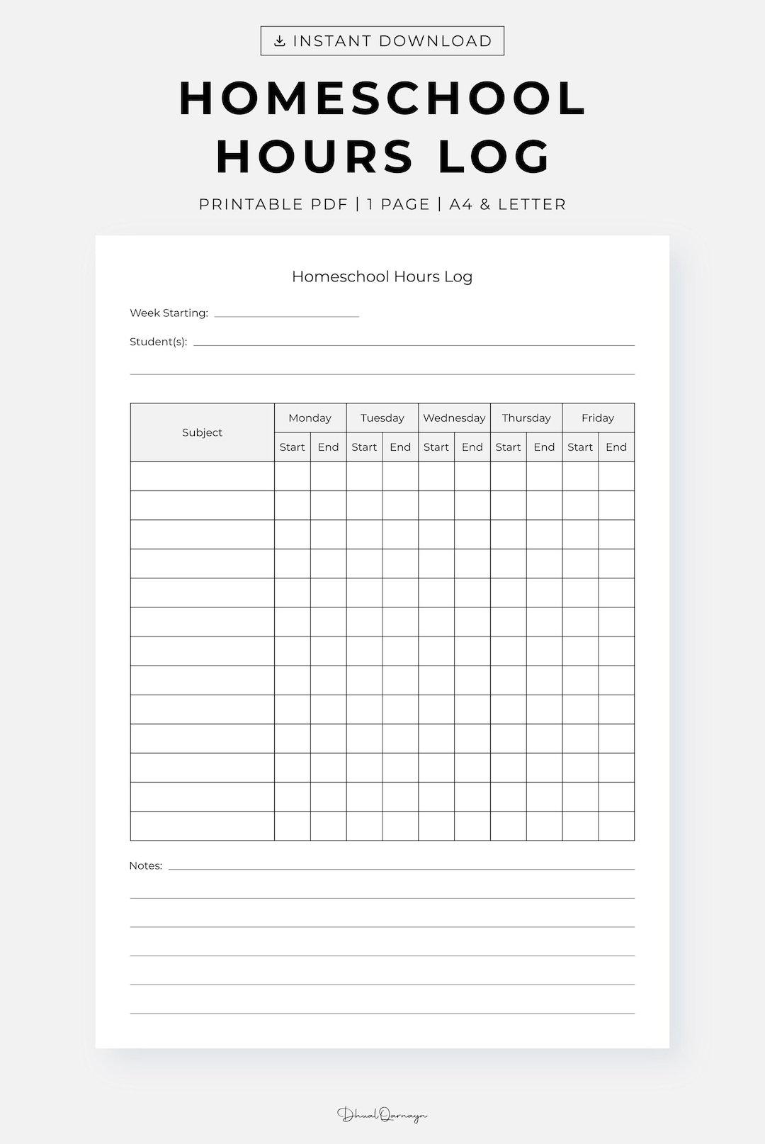 Homeschool Hours Log Printable PDF, Daily Lesson & Time Log, Homeschool ...