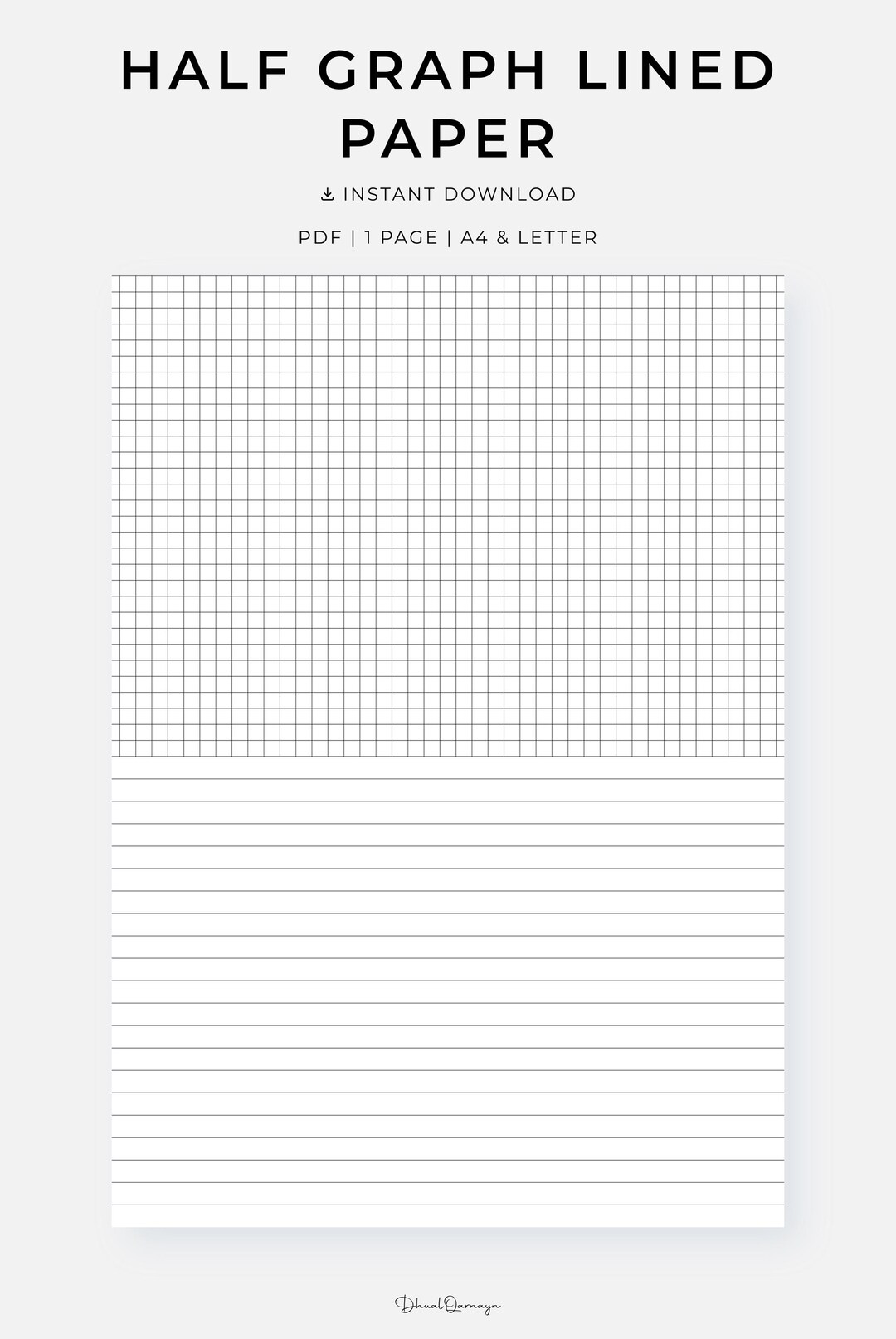 Printable Half Graph Half Lined Paper, 5mm Grid and 7mm Ruled Writing ...