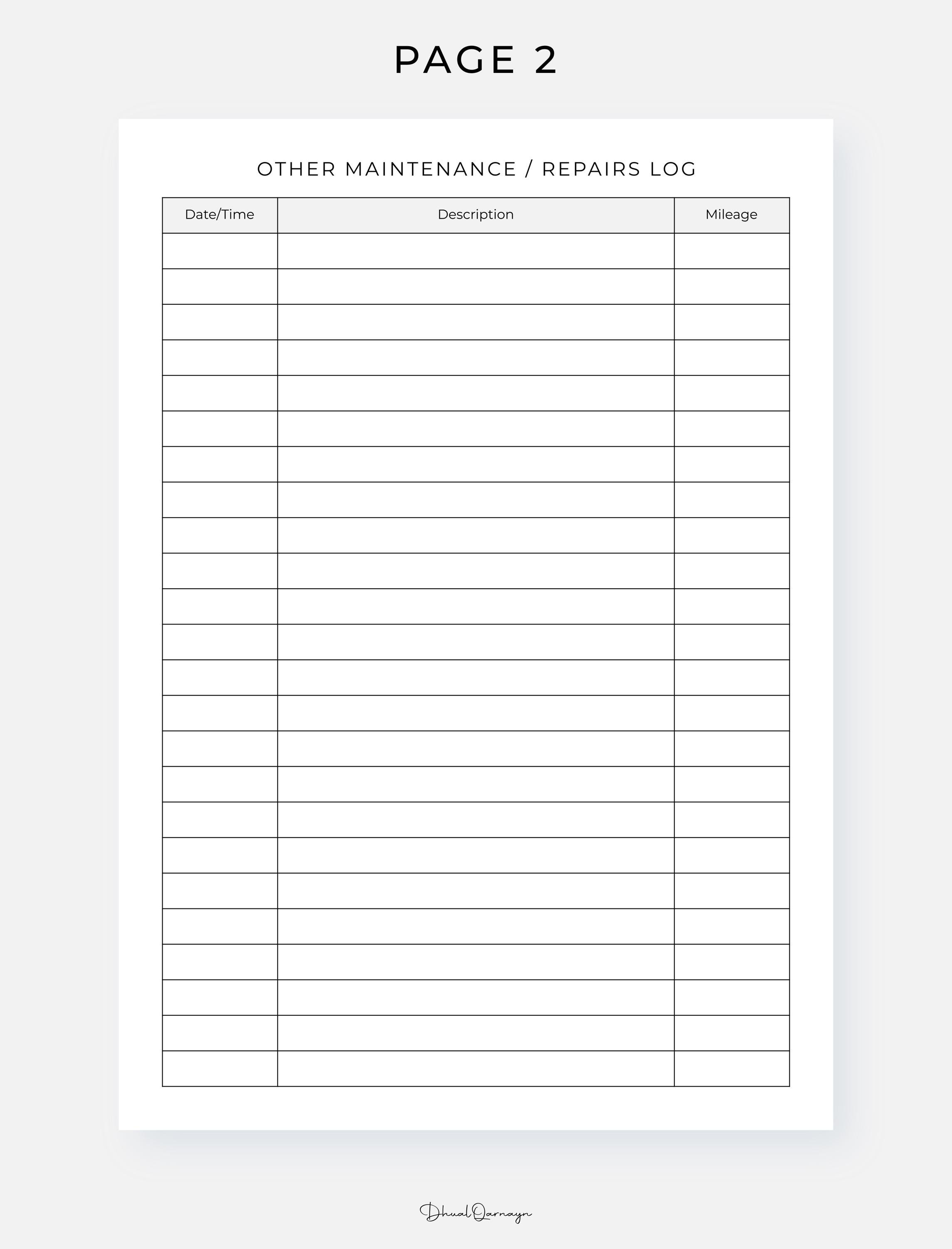 Vehicle Maintenance Log Printable PDF, Repair & Service Record for Cars ...