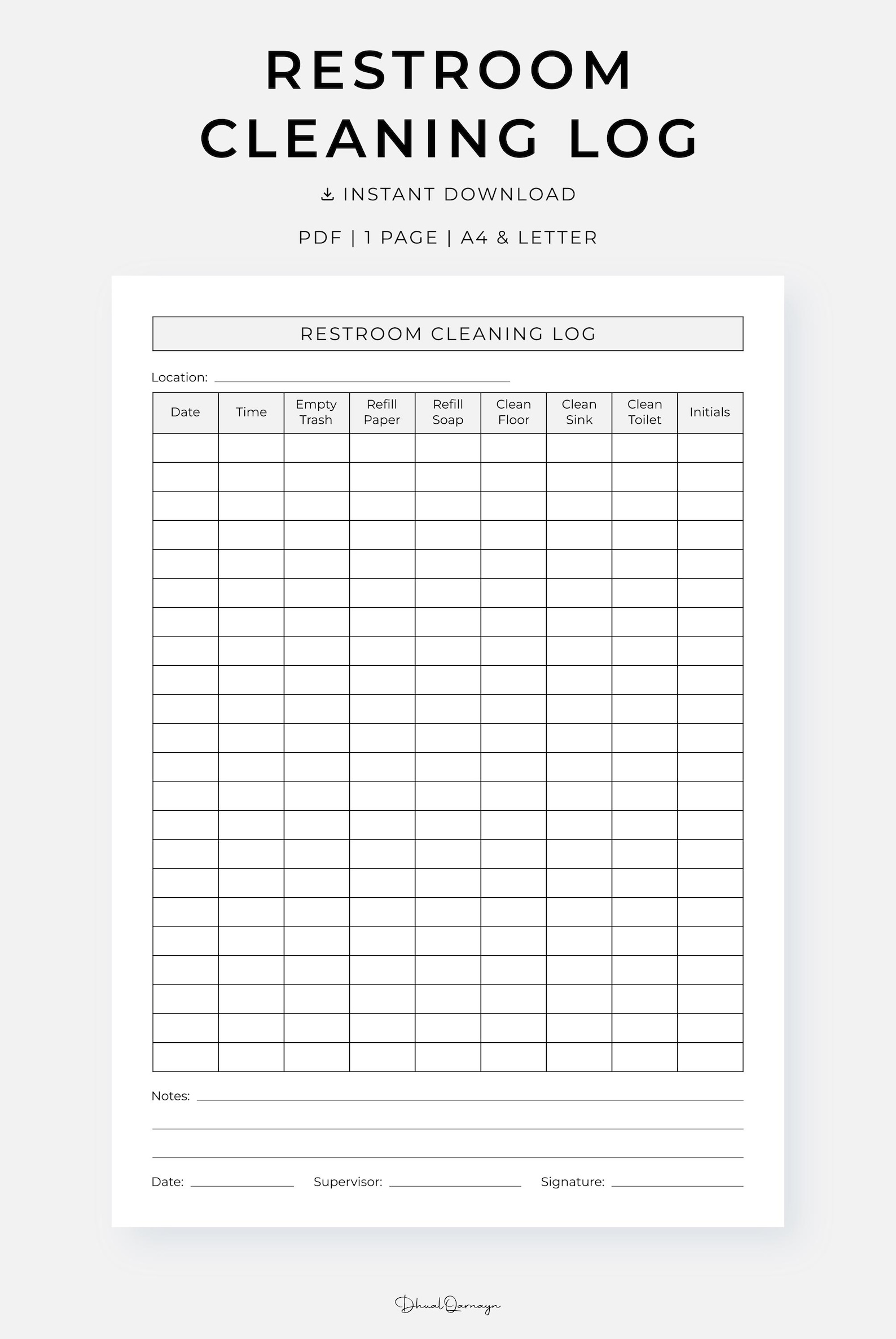 Restroom Cleaning Log, Bathroom Checklist for Home, Office, Cafes ...