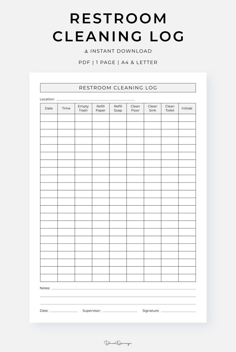 Restroom Cleaning Log, Bathroom Checklist for Home, Office, Cafes ...