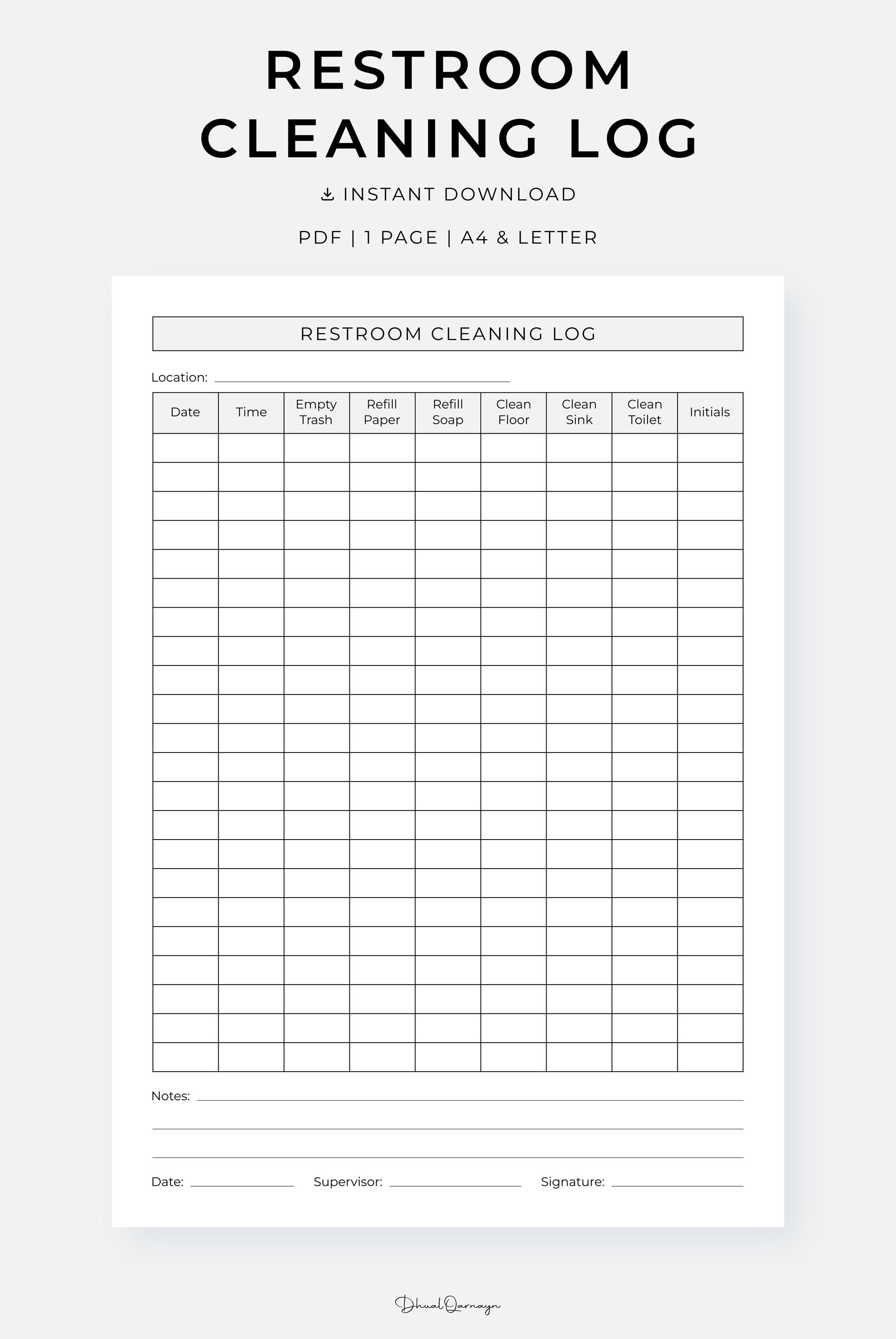 Restroom Cleaning Log, Bathroom Checklist for Home, Office, Cafes ...