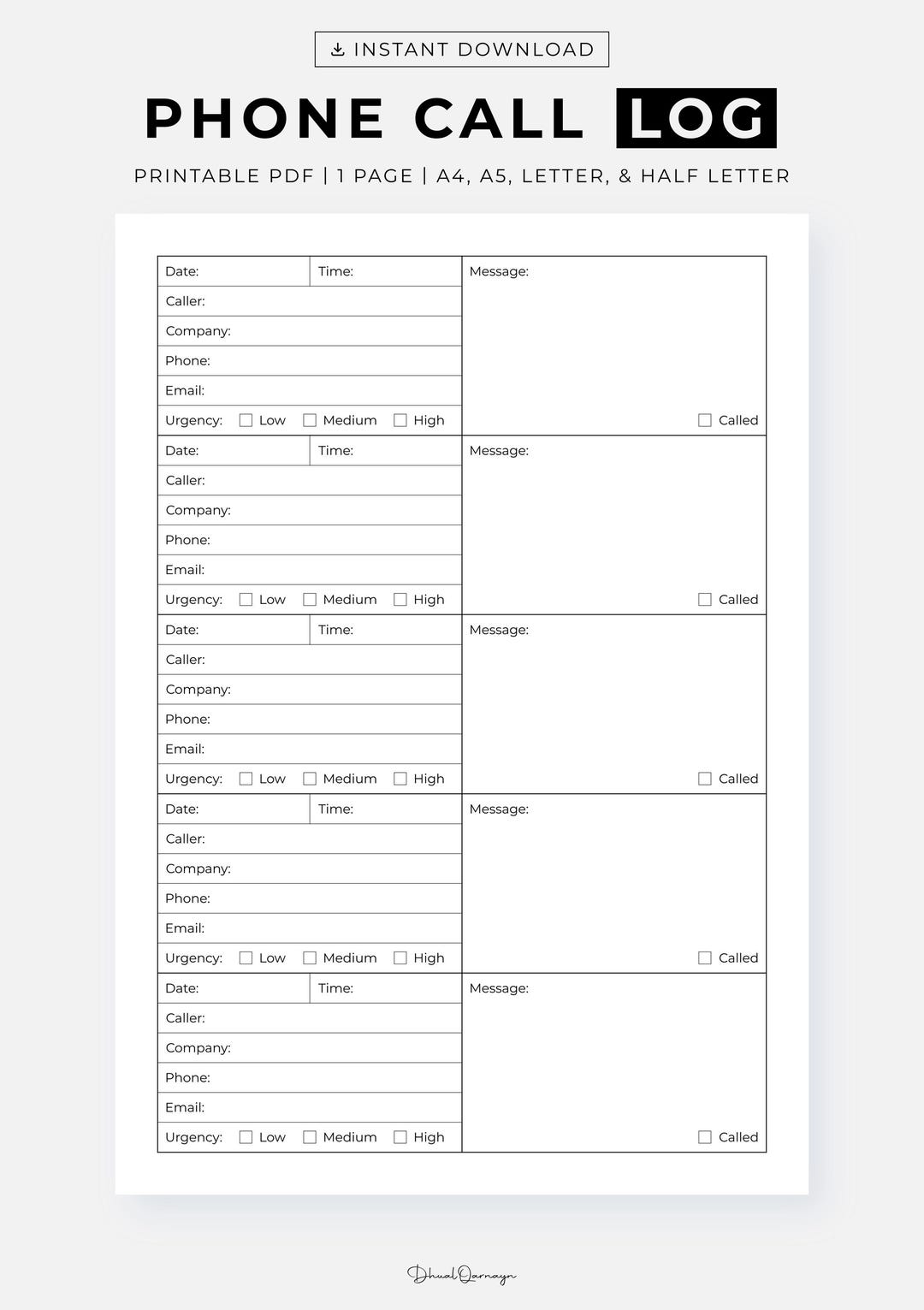 Phone Call Log Printable PDF, Telephone Message Log for Office ...