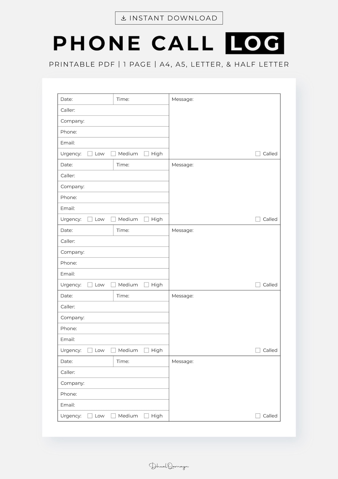 Phone Call Log Printable PDF, Telephone Message Log for Office ...