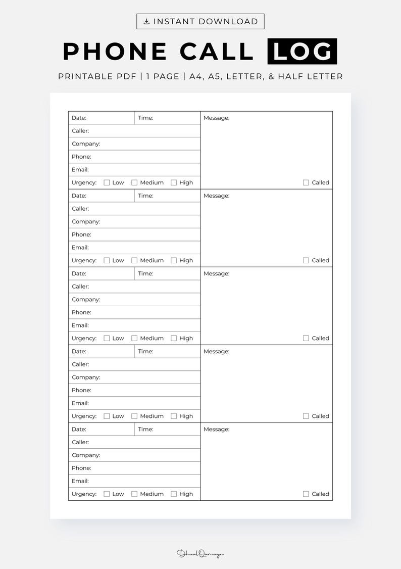 Phone Call Log Printable PDF, Telephone Message Log for Office ...
