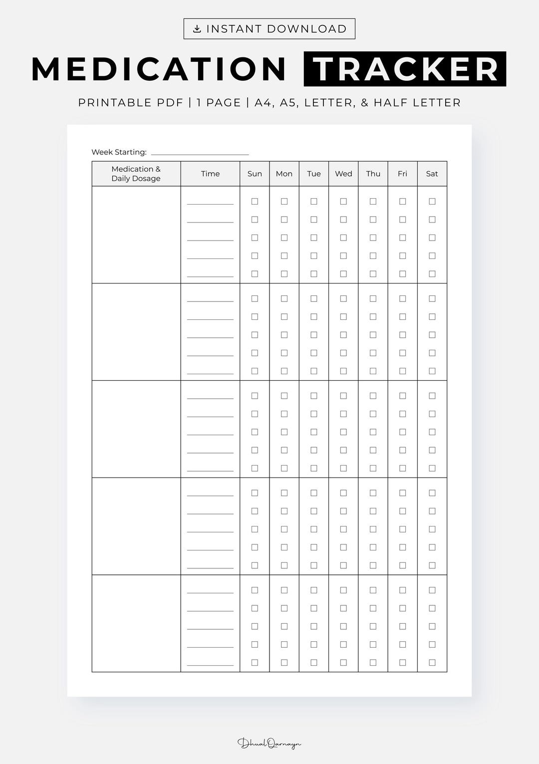 Medication Tracker Printable PDF, Weekly Chart With Checkboxes to Track ...