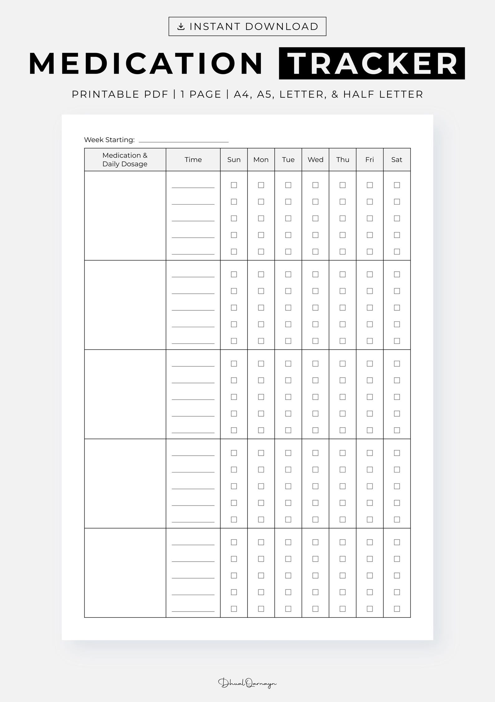 Medication Tracker Printable PDF, Weekly Chart With Checkboxes to Track ...