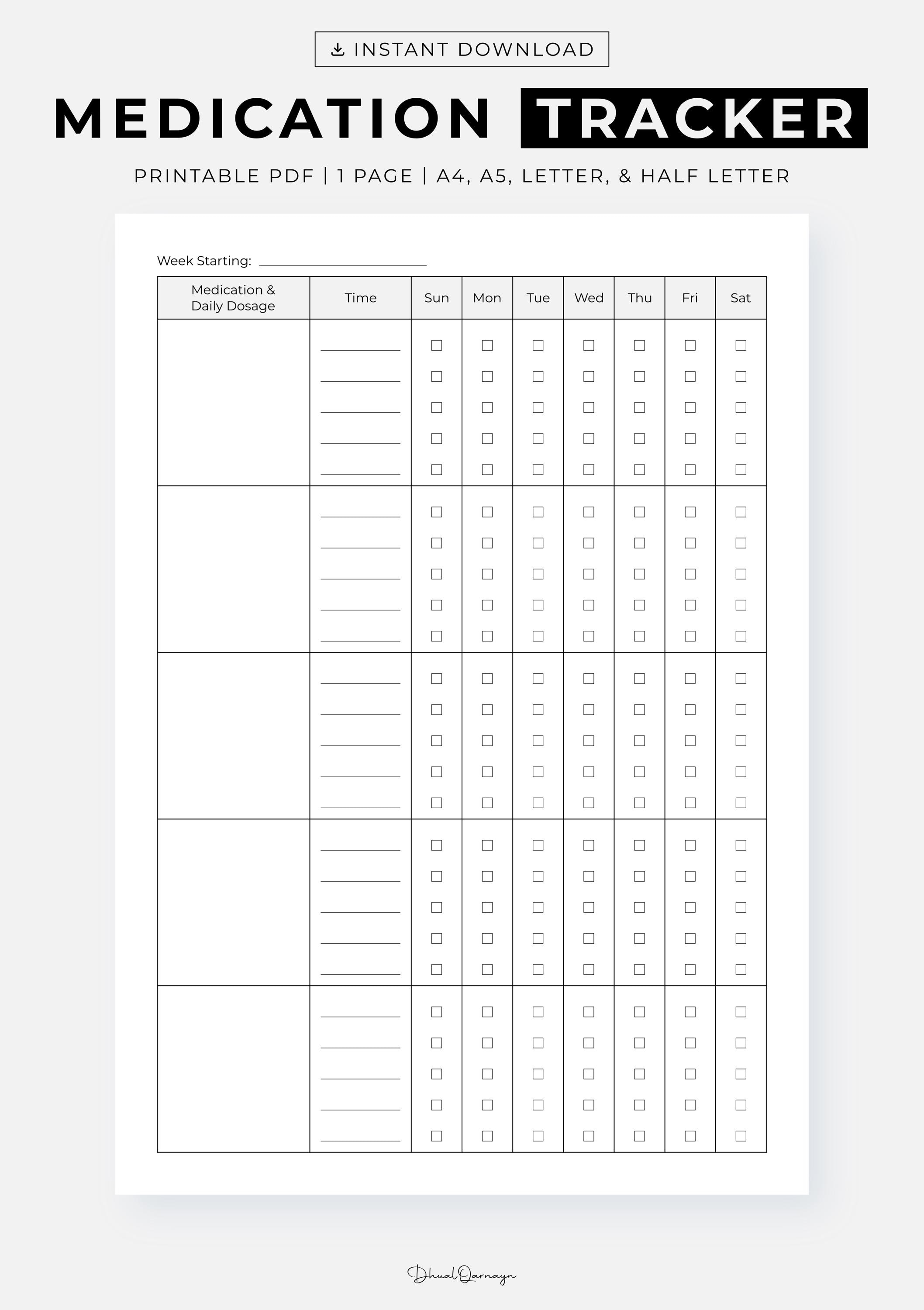 Medication Tracker Printable PDF, Weekly Chart With Checkboxes to Track ...