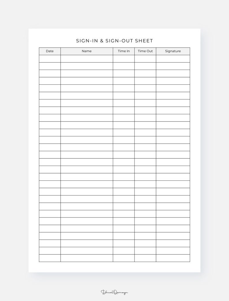 Sign-in & Sign-out Sheet Printable PDF, A4/letter, Instant Download - Etsy