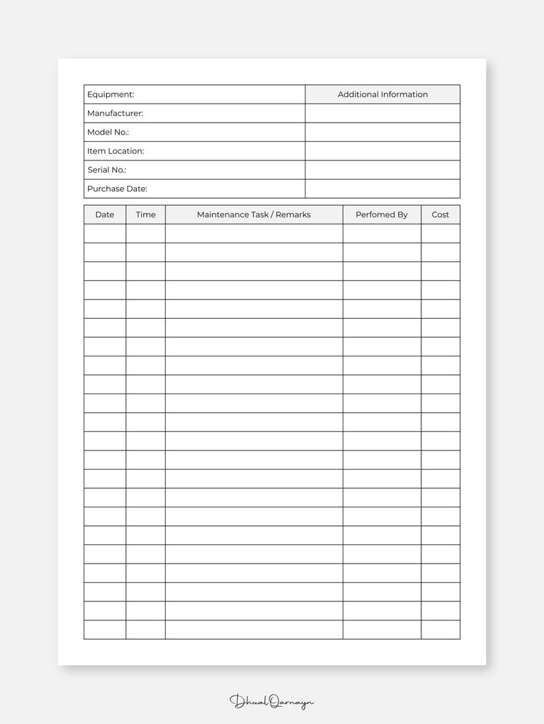 Equipment Maintenance Log Printable PDF, for Repairs, Service, & Daily ...