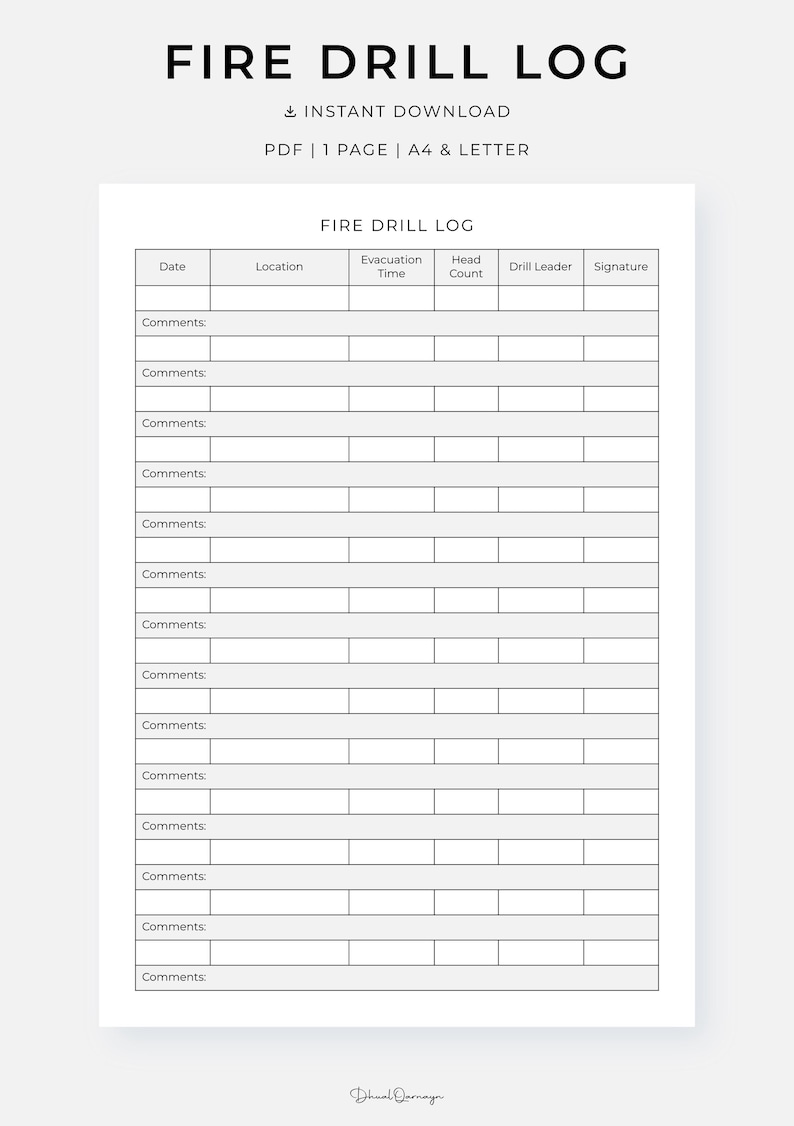 Printable Fire Drill Log, Fire Alarm Safety Organizer & Log for ...