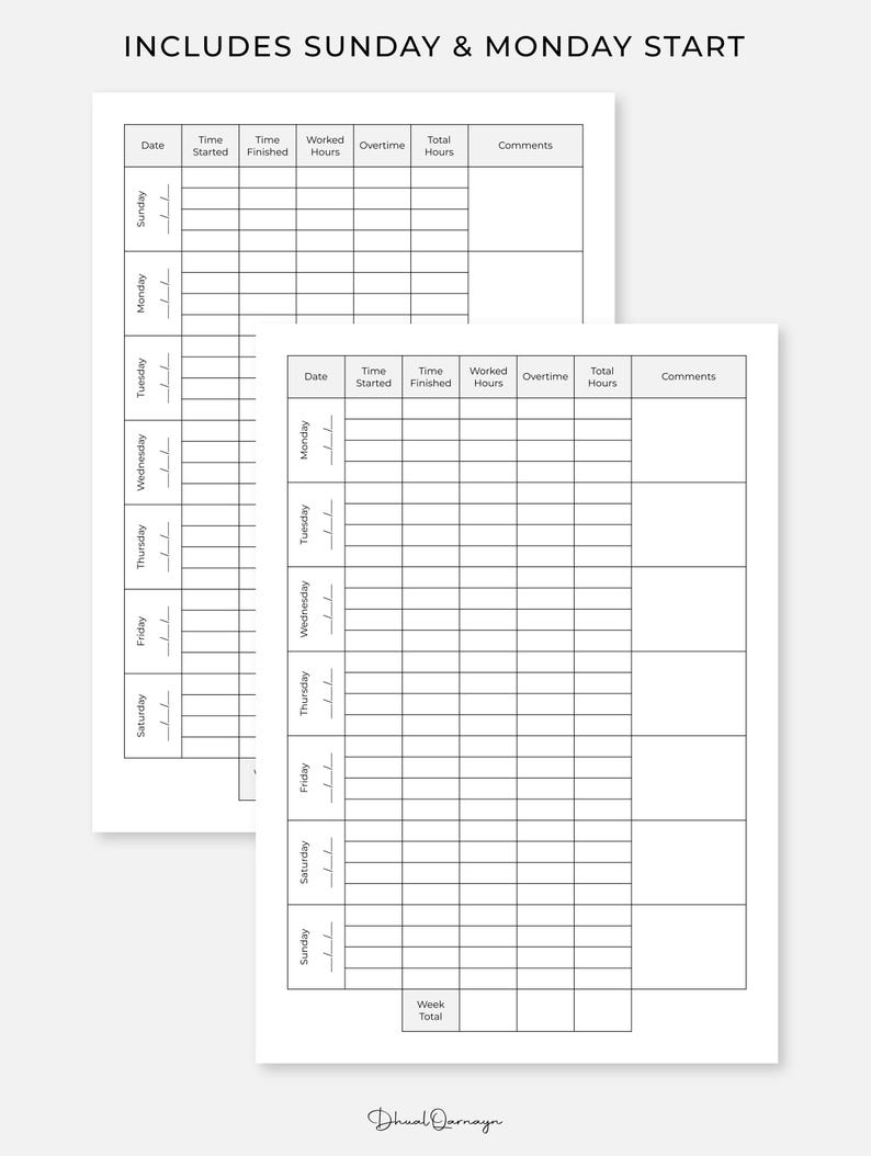 Work Hours Log Printable, Working Hours Tracker, Work Schedule Planner ...