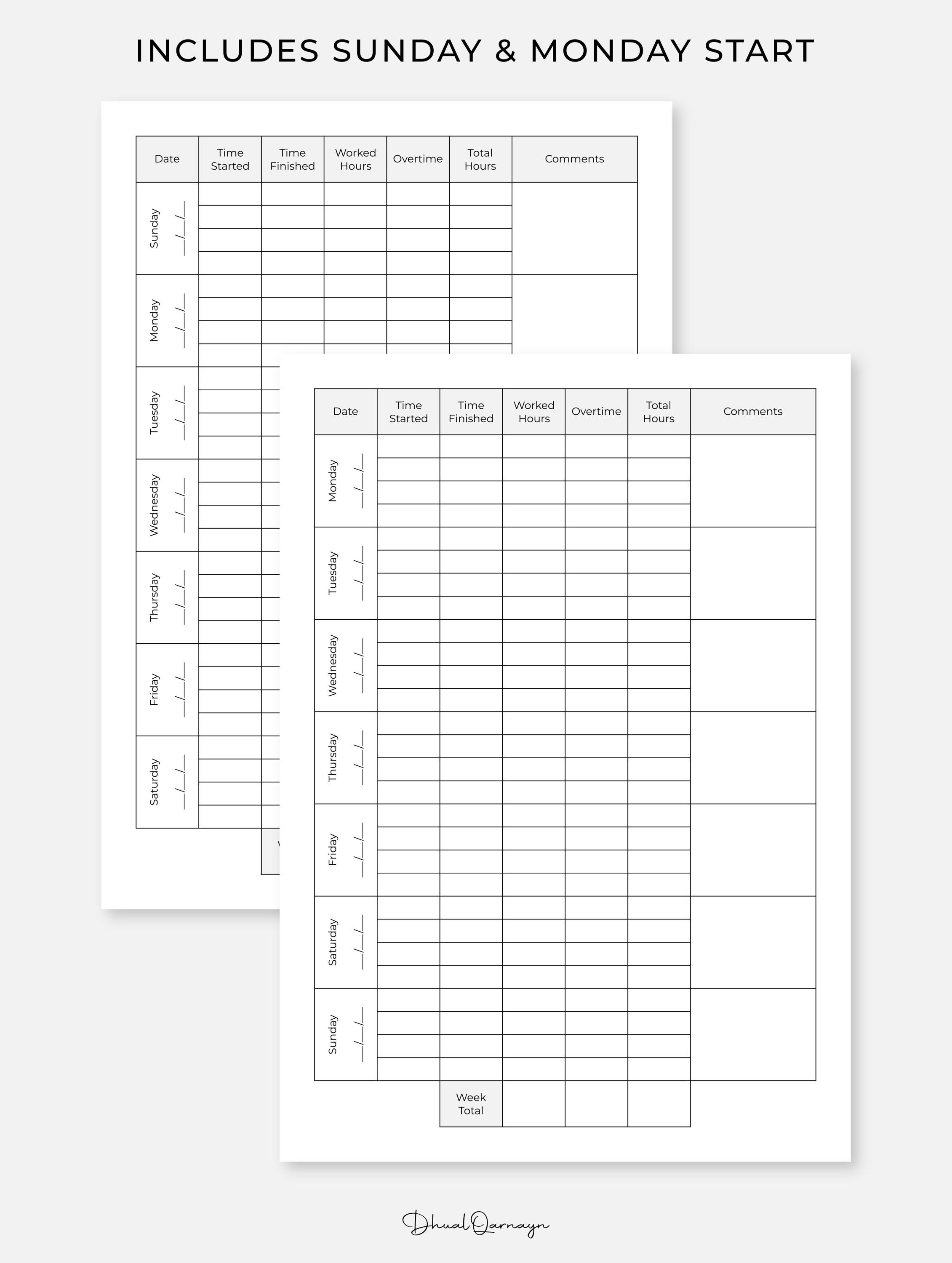Work Hours Log Printable, Working Hours Tracker, Work Schedule Planner ...