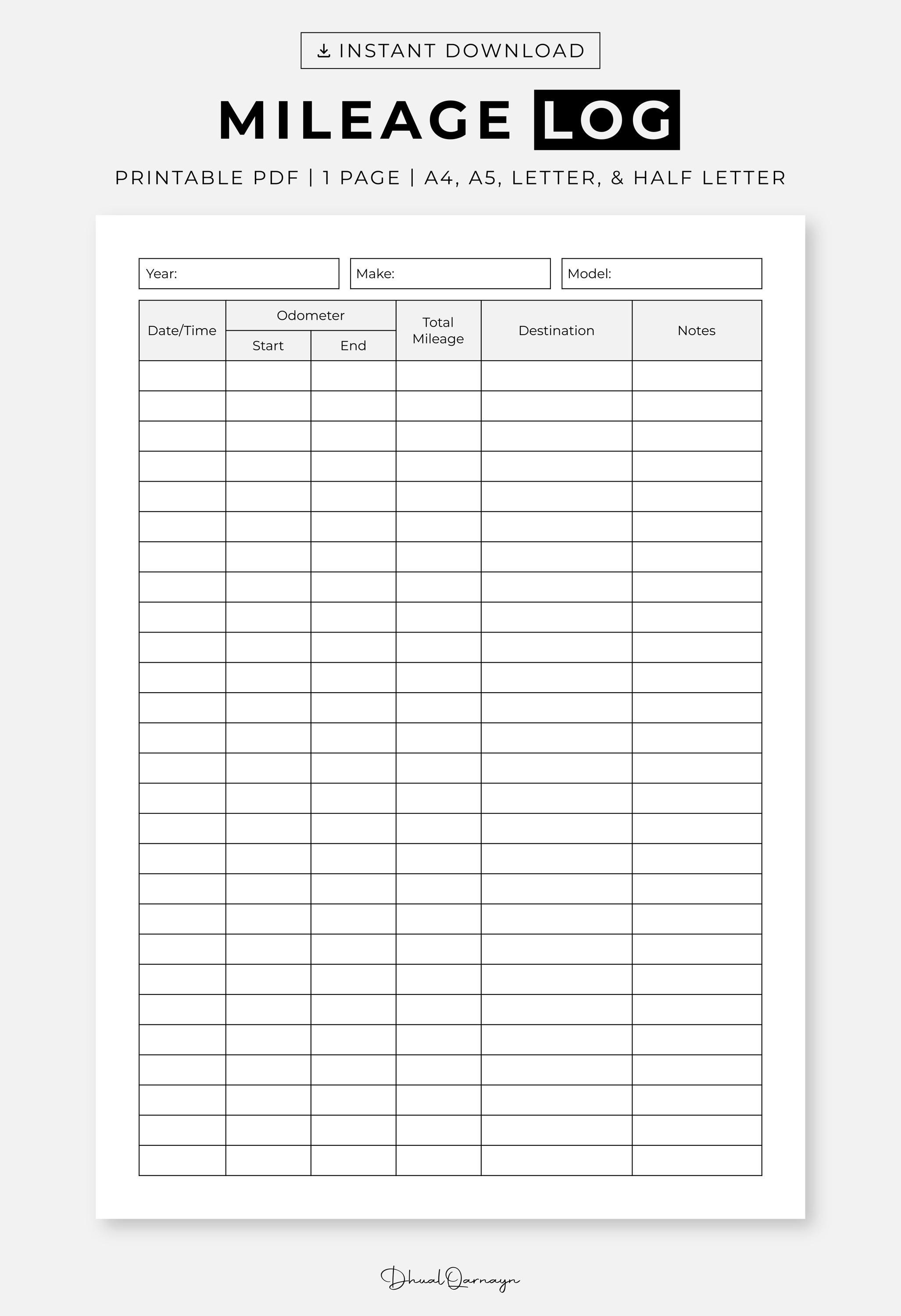 Mileage Log Printable PDF, Vehicle Mileage Tracker for Small Business ...