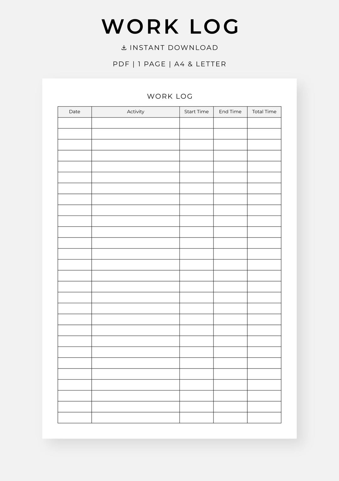 Printable Work Log, Activity Tracker, Time Spent, PDF, A4/letter ...