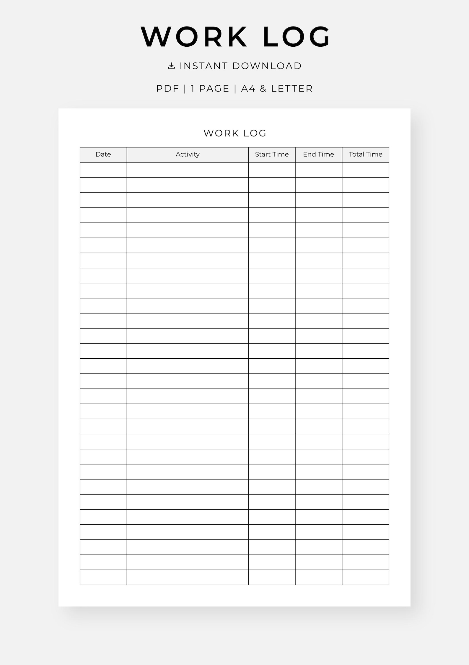 Printable Work Log, Activity Tracker, Time Spent, PDF, A4/letter ...