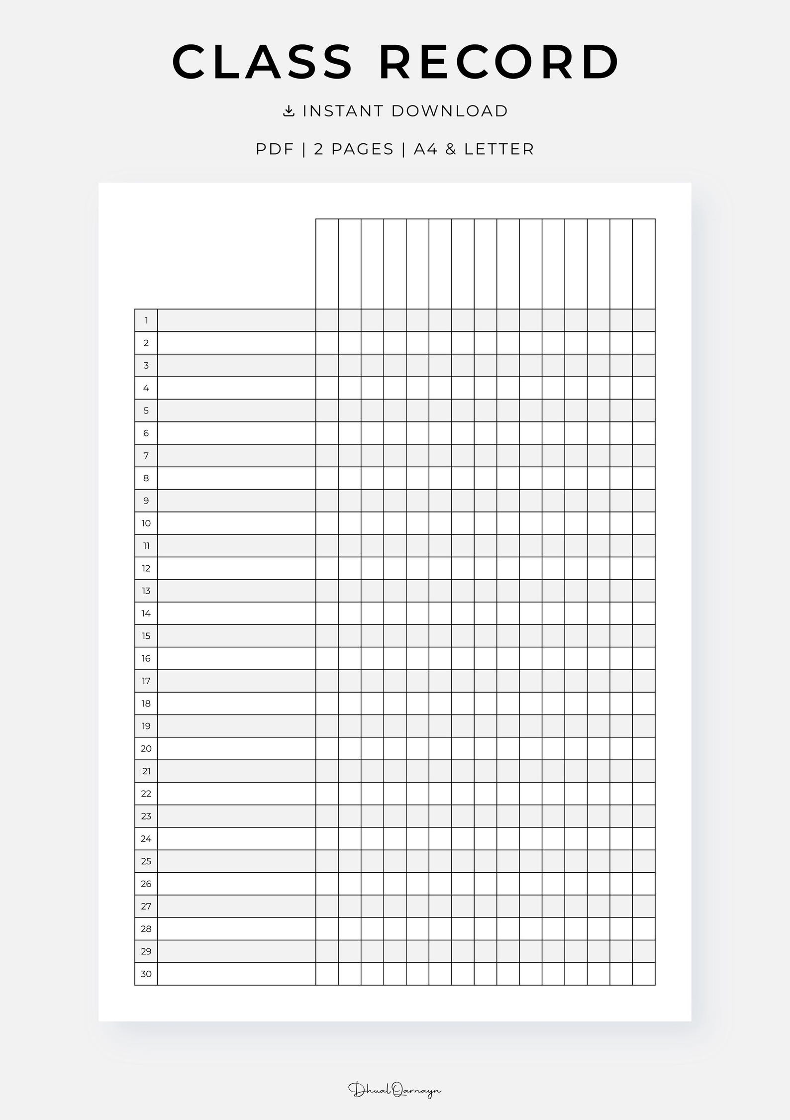 Class Record Printable PDF, Teacher Gradebook, Attendance Tracker, A4 ...