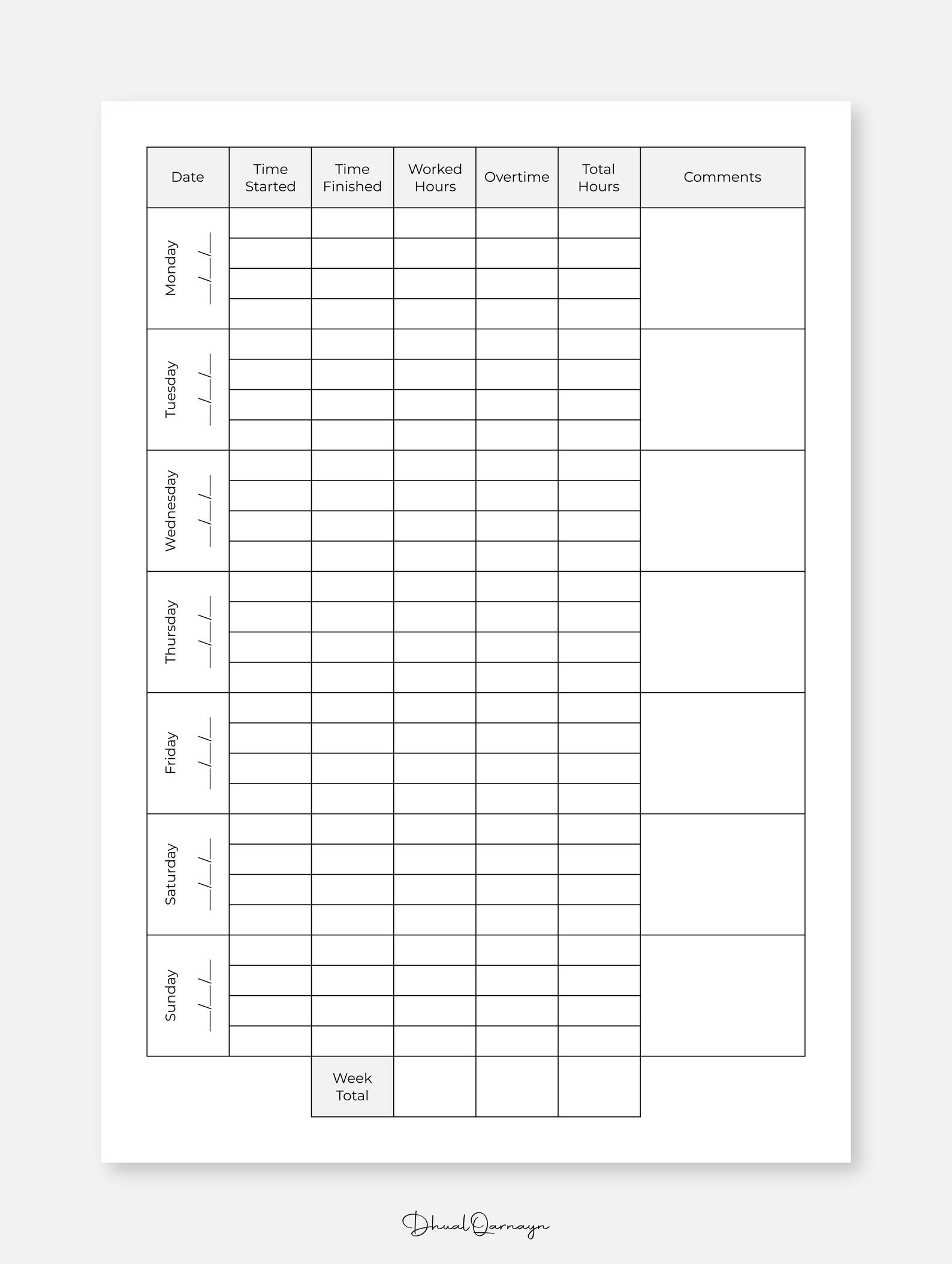 Work Hours Log Printable, Working Hours Tracker, Work Schedule Planner ...