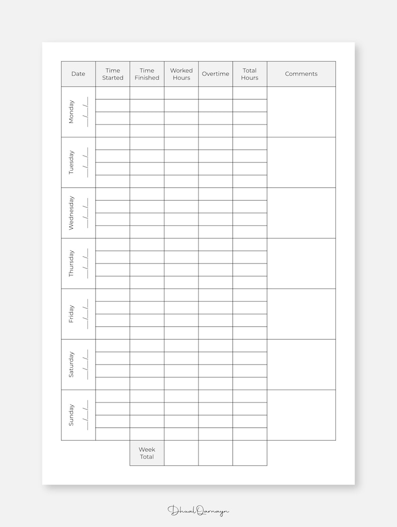 Work Hours Log Printable, Working Hours Tracker, Work Schedule Planner ...