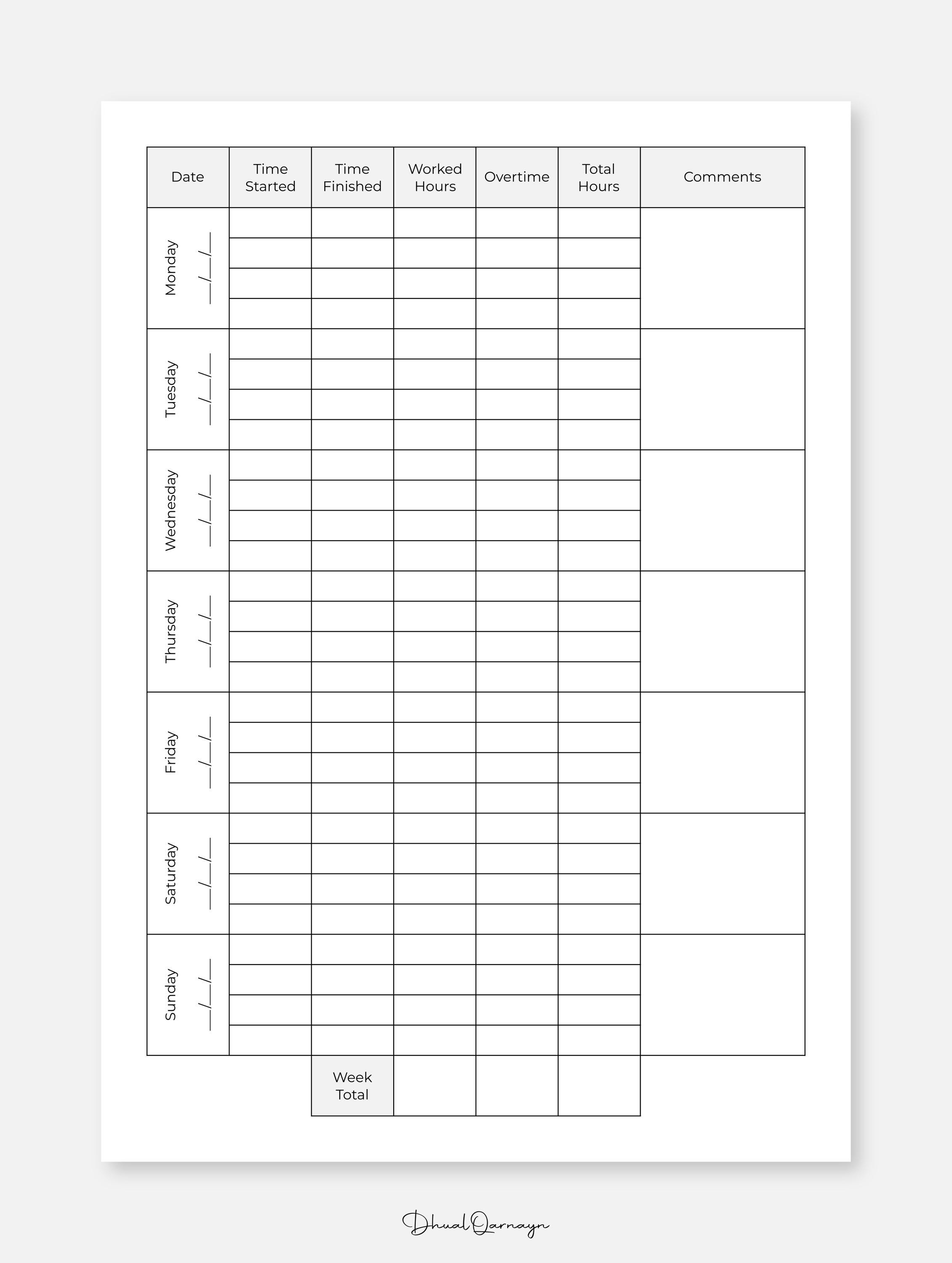 Work Hours Log Printable, Working Hours Tracker, Work Schedule Planner ...