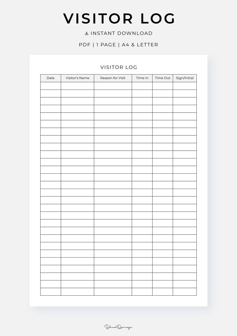 Visitor Log, Printable Visitor Sign in / Sign Out Sheet, PDF, A4/letter ...