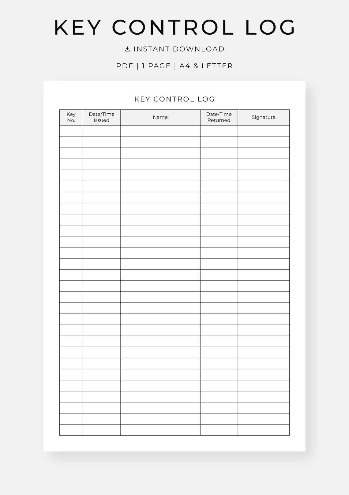 Key Control Log, Sign in & Out Sheet, PDF, A4, Letter, Instant Download ...
