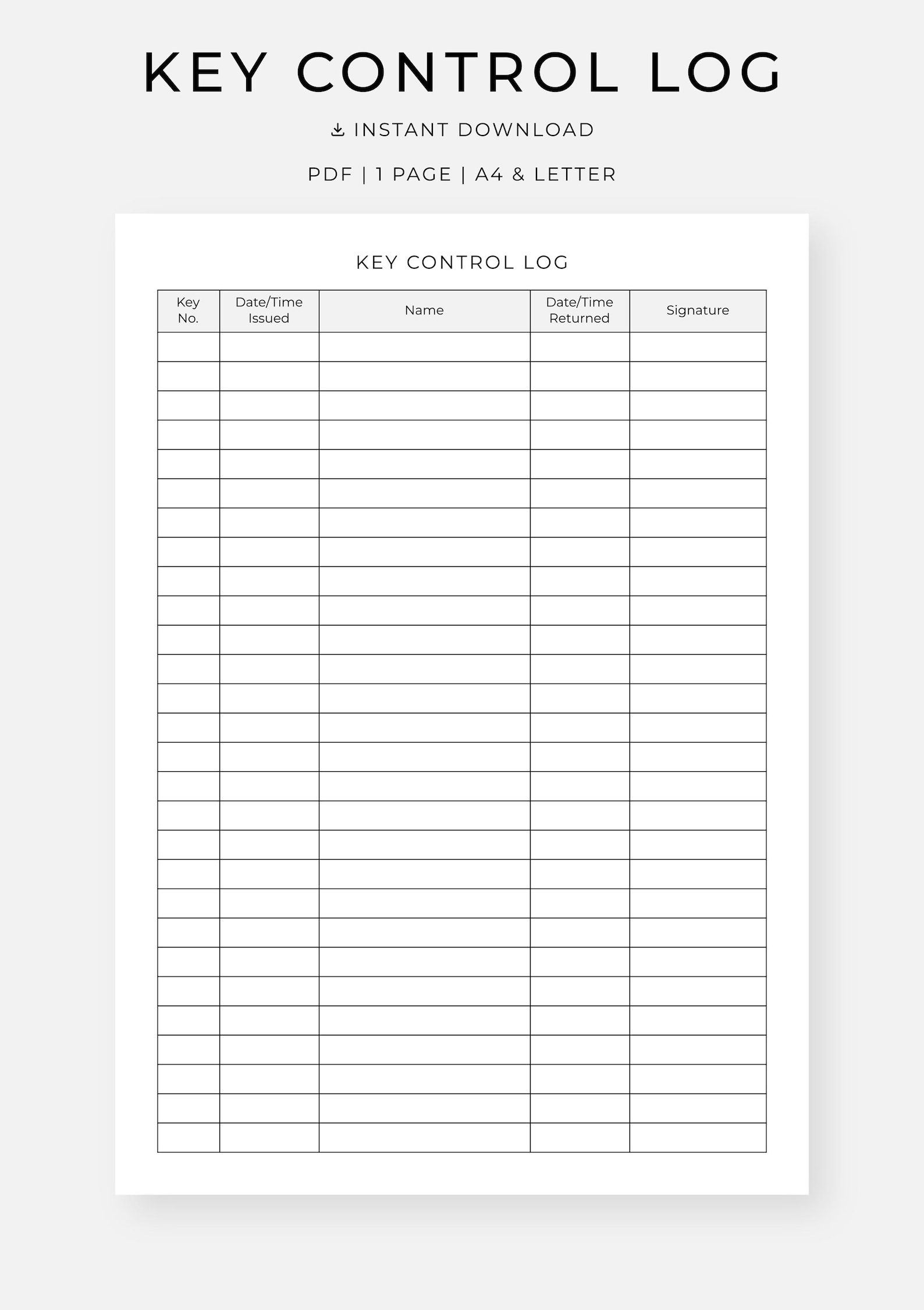 Key Control Log, Sign in & Out Sheet, PDF, A4, Letter, Instant Download ...