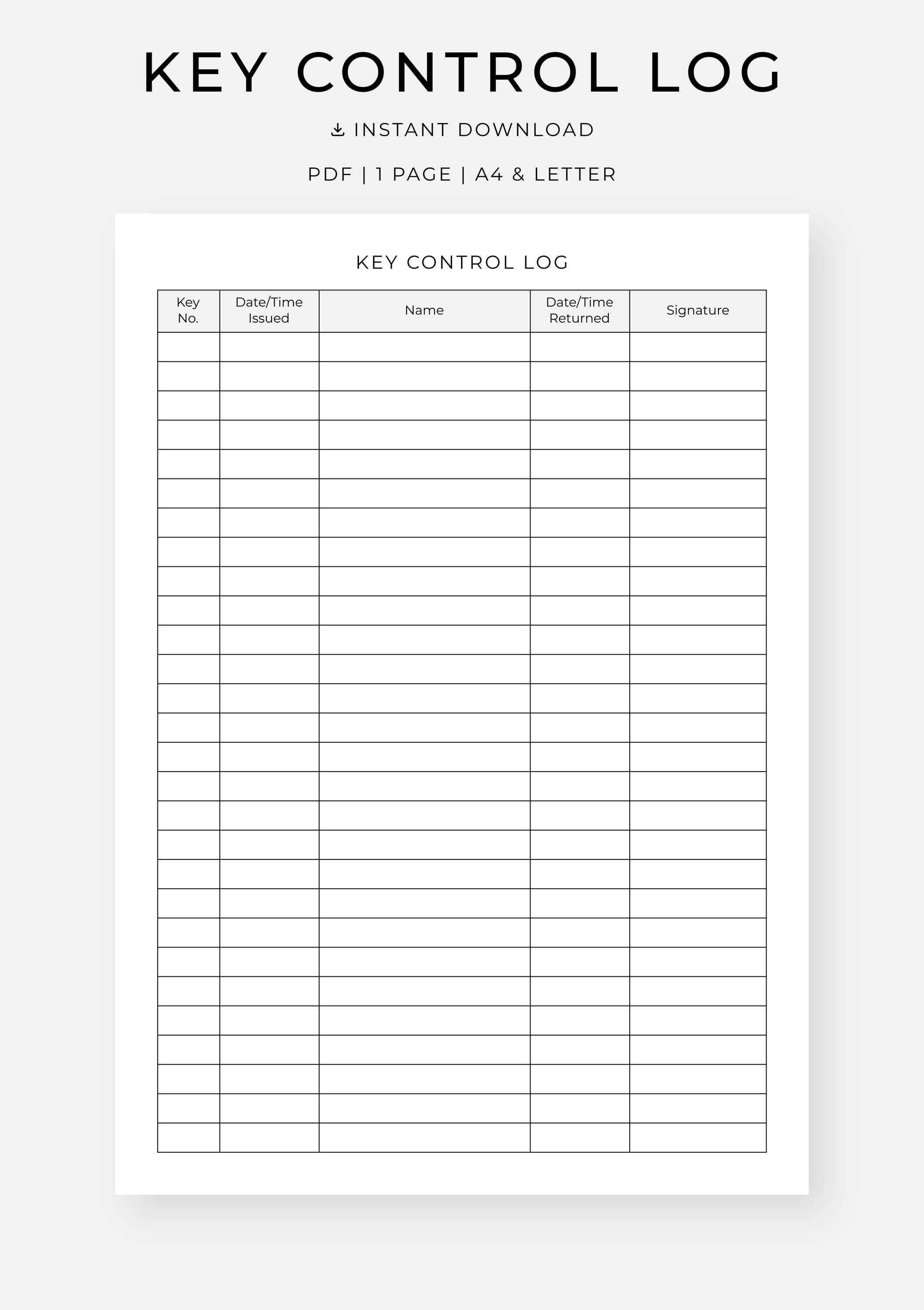 Key Control Log, Sign in & Out Sheet, PDF, A4, Letter, Instant Download ...