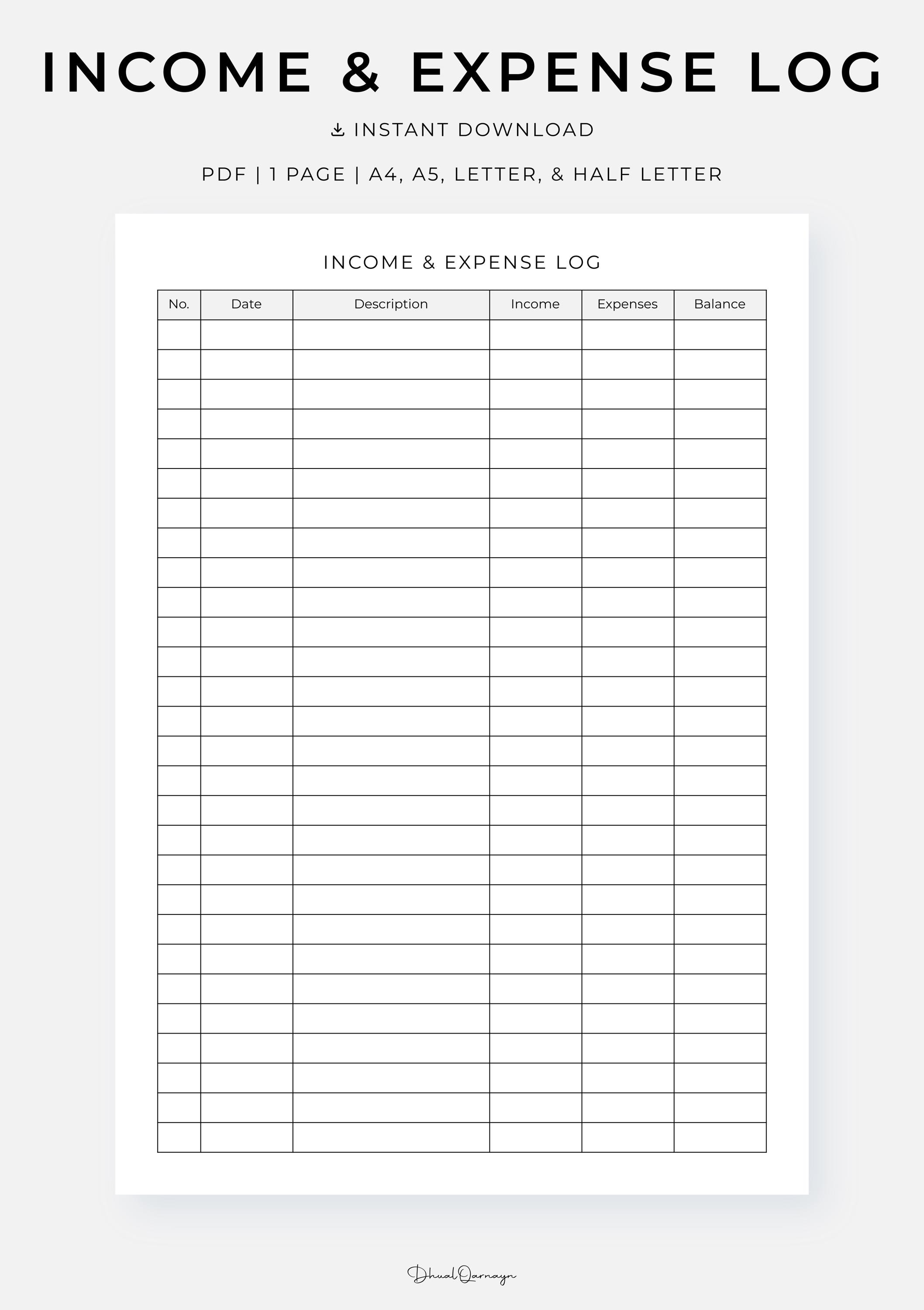 Income & Expense Log Printable, Income and Expense Tracker for Small ...