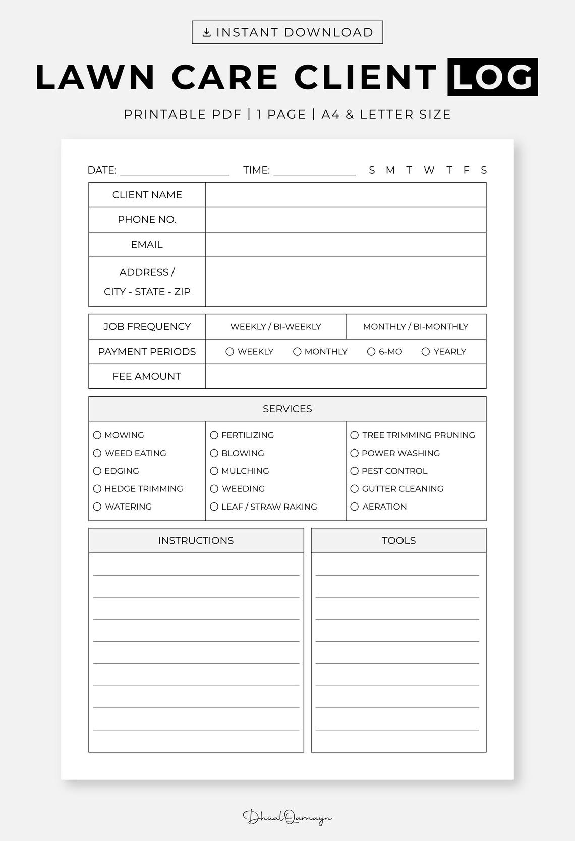 Lawn Care Client Log Printable, Landscaping Business Tracker, Lawn ...