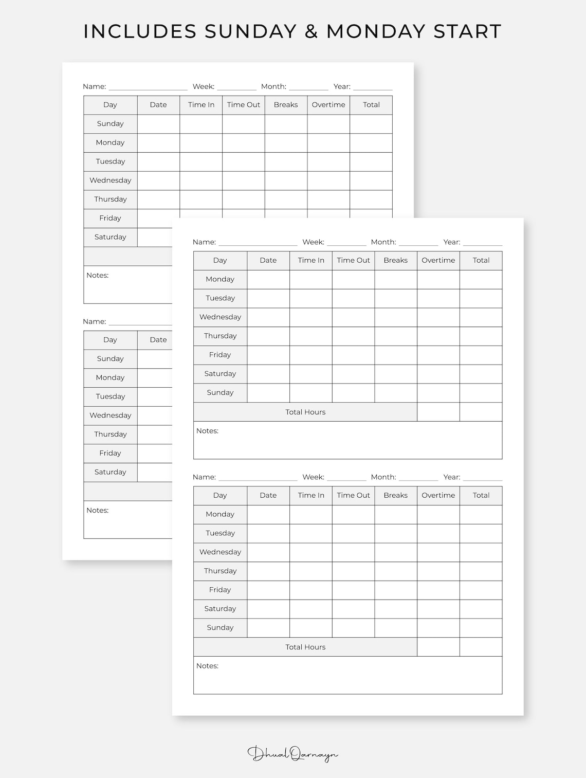 Weekly Time Sheet Log Printable PDF, Weekly Employee Time Sheet, Work ...