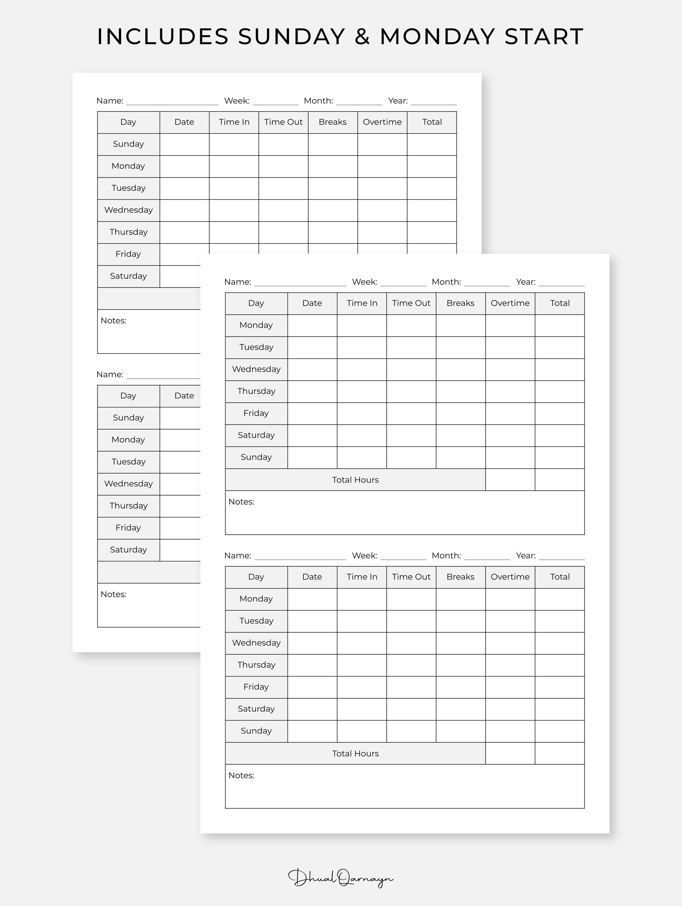 Weekly Time Sheet Log Printable PDF, Weekly Employee Time Sheet, Work ...