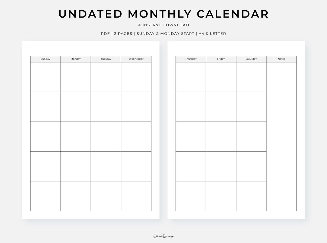 Undated Monthly Calendar, Printable Minimalist Calendar, PDF, A4/letter ...