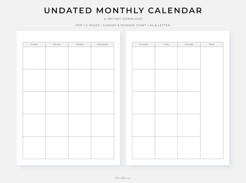 Undated Monthly Calendar, Printable Minimalist Calendar, PDF, A4/letter ...