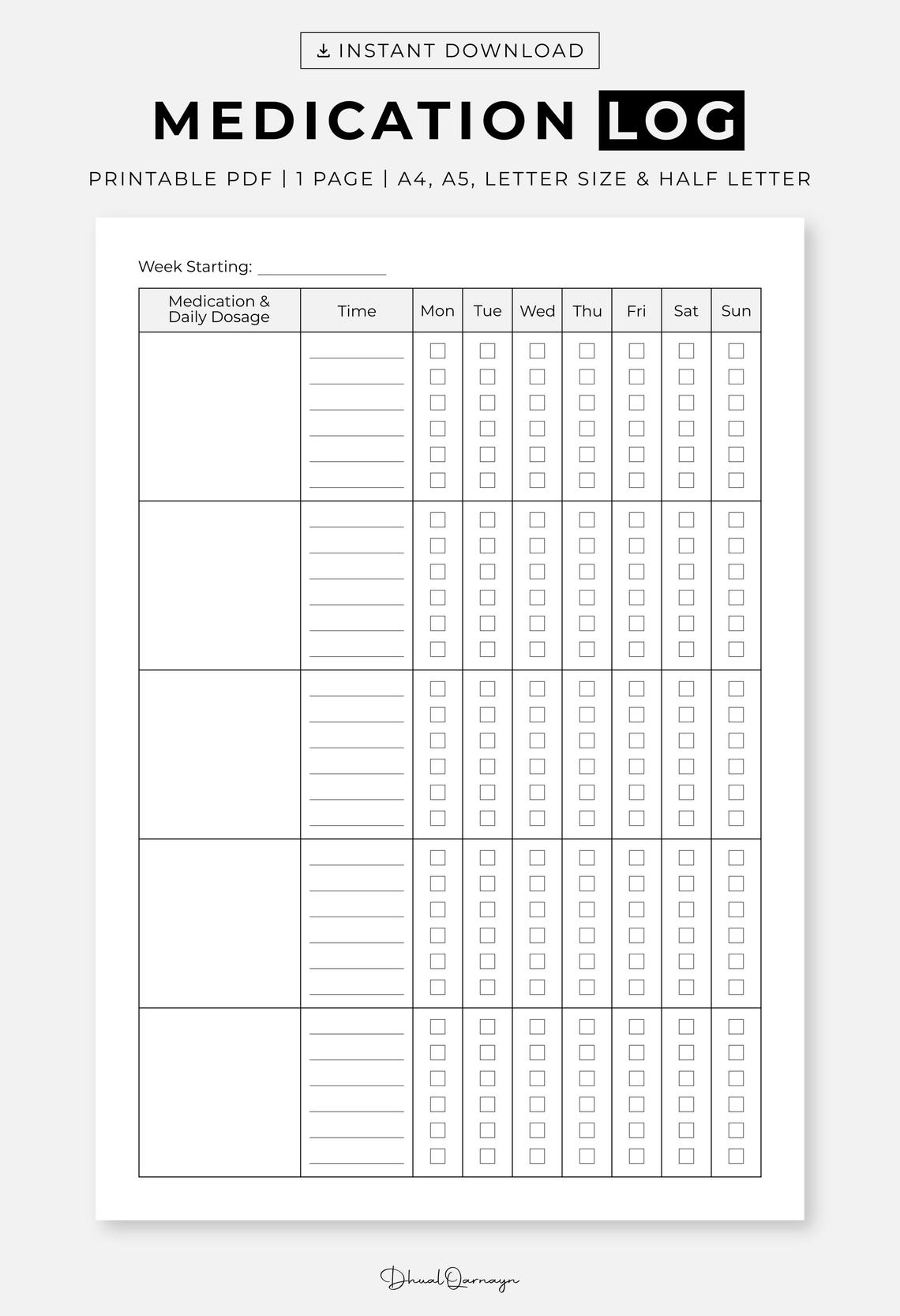 Medication Log Printable, Daily Medication Tracker, Pill Organizer ...
